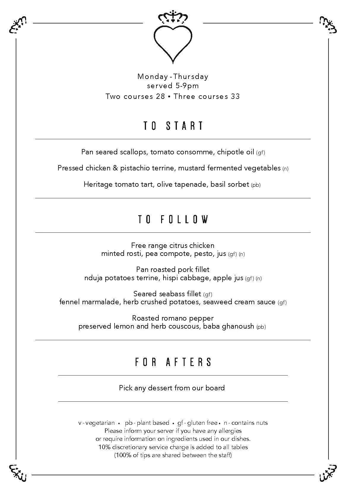 Sample menu — The George and Heart