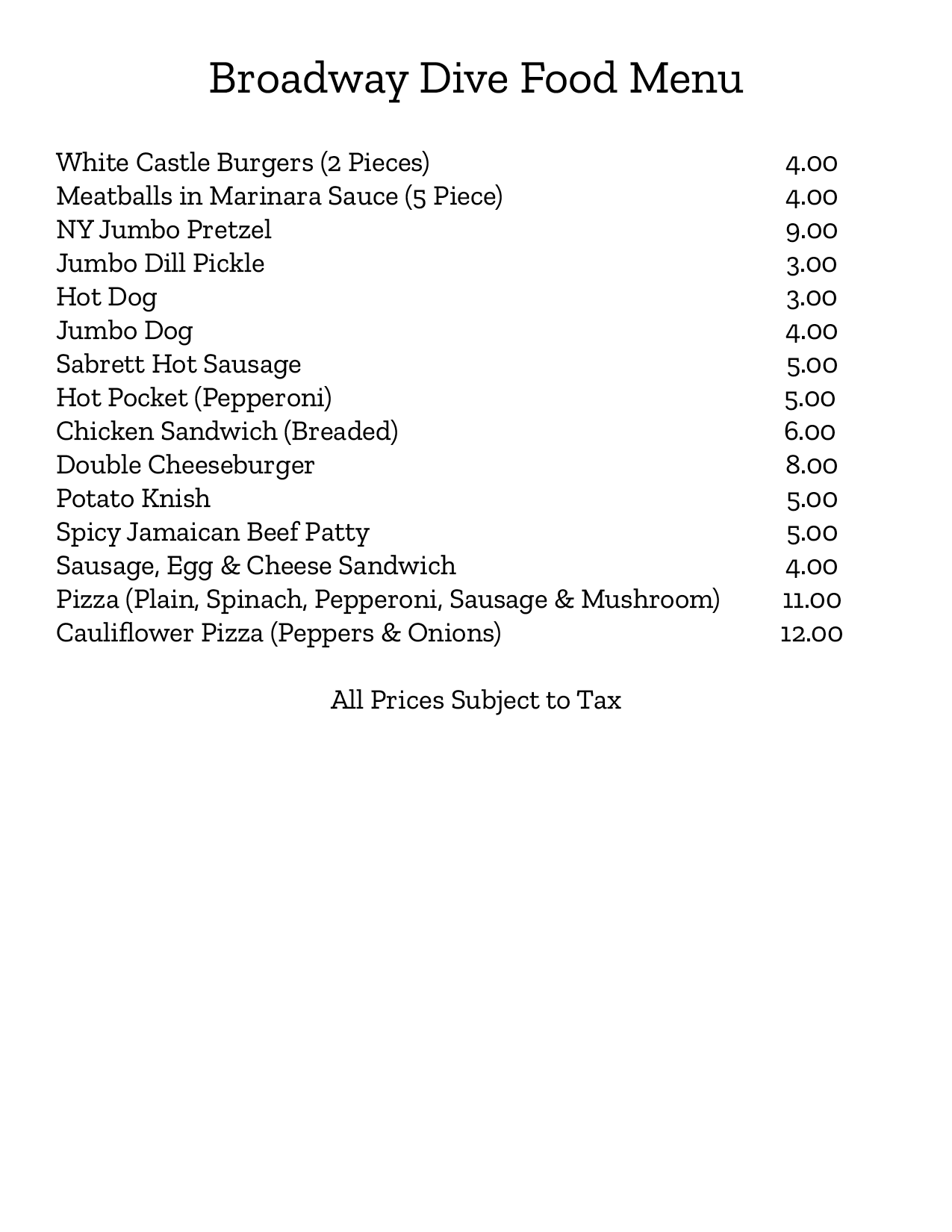 Broadway Dive Menu — DiveBarNYC.com