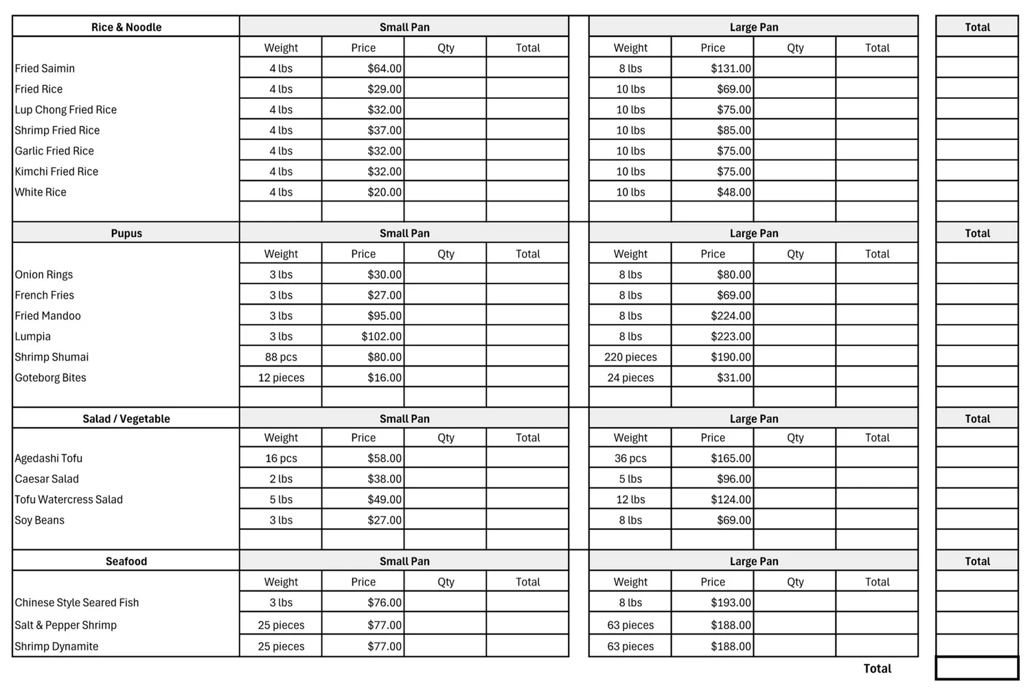 >Catering Menu — TJ's Sports Bar & Grill