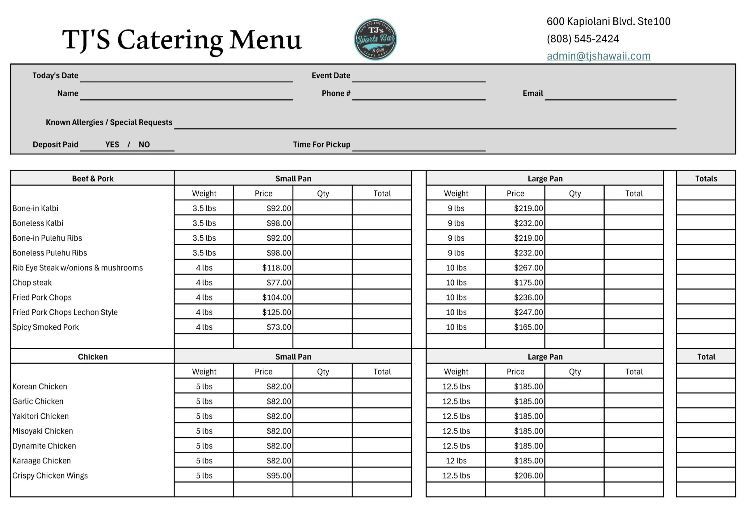 >Catering Menu — TJ's Sports Bar & Grill