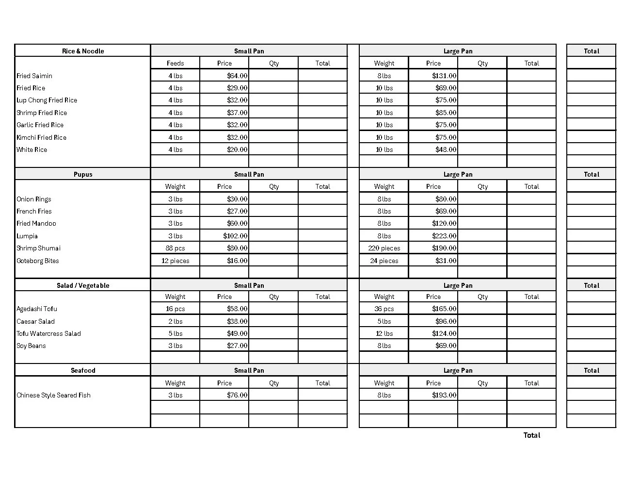 >Catering Menu — TJ's Sports Bar & Grill