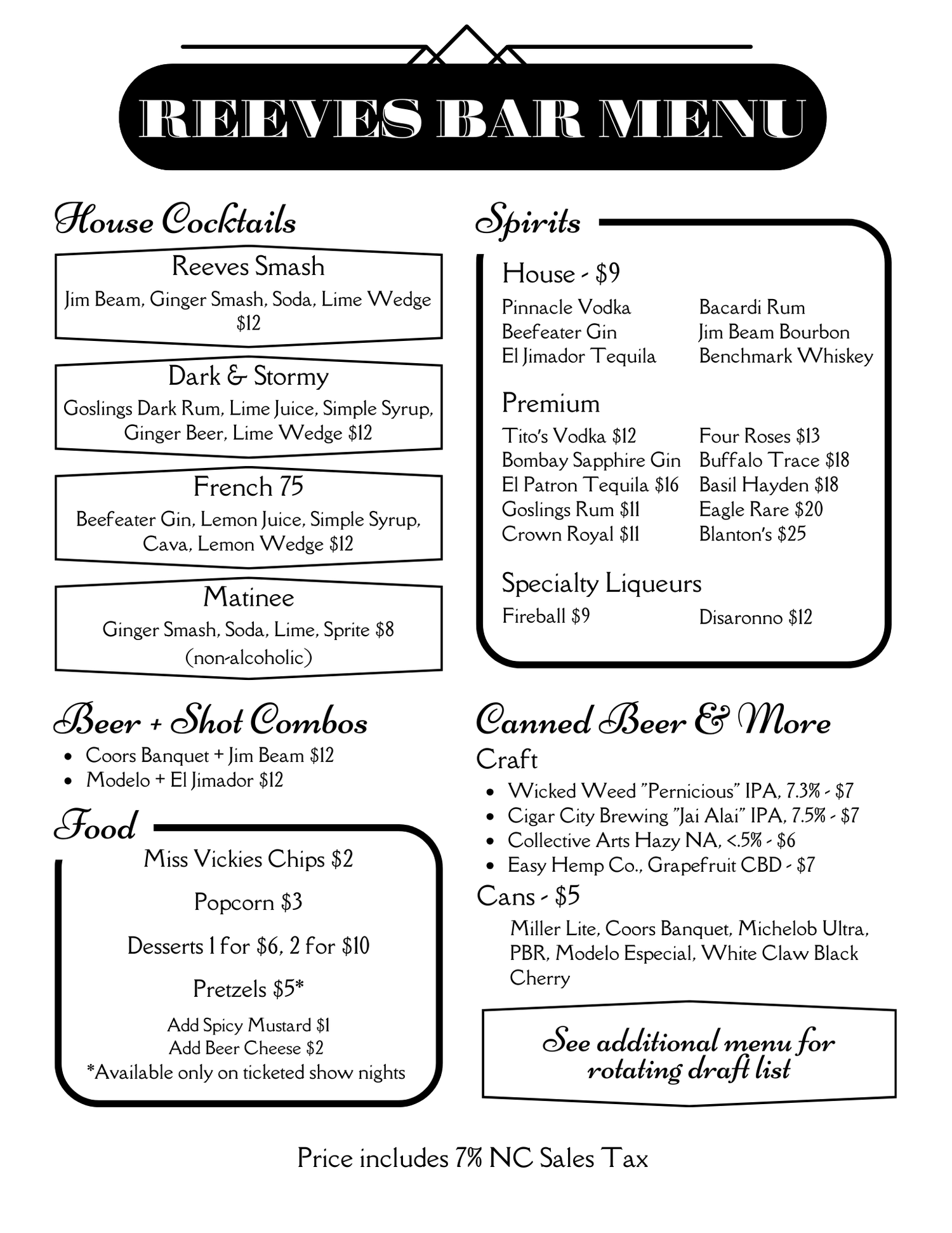 | Bar Menu — The Reeves Theater