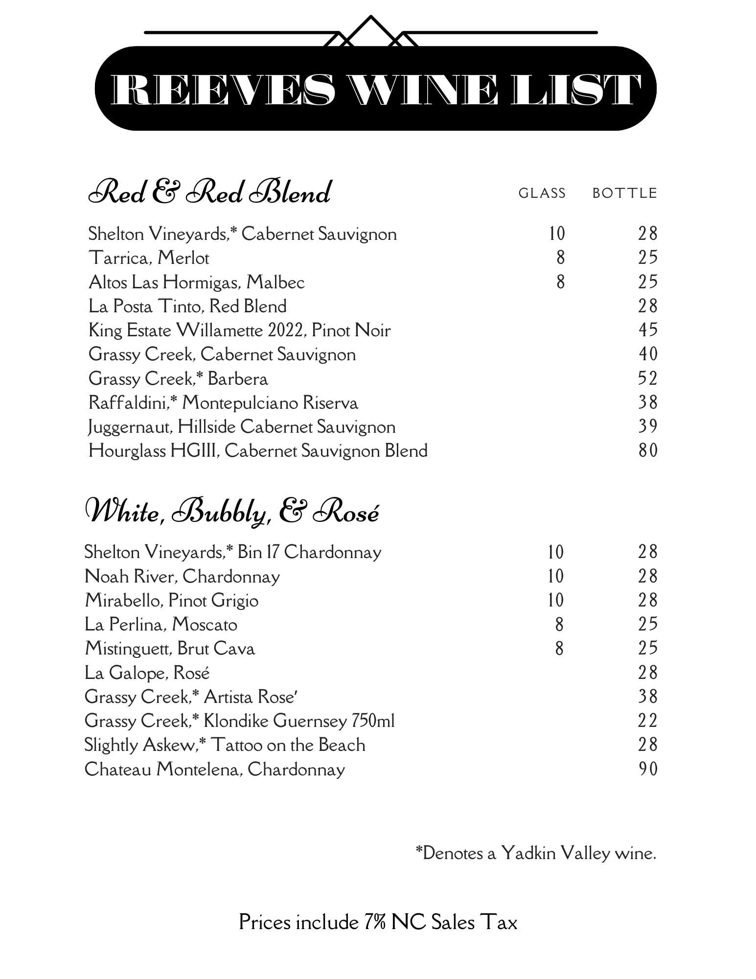 | Bar Menu — The Reeves Theater
