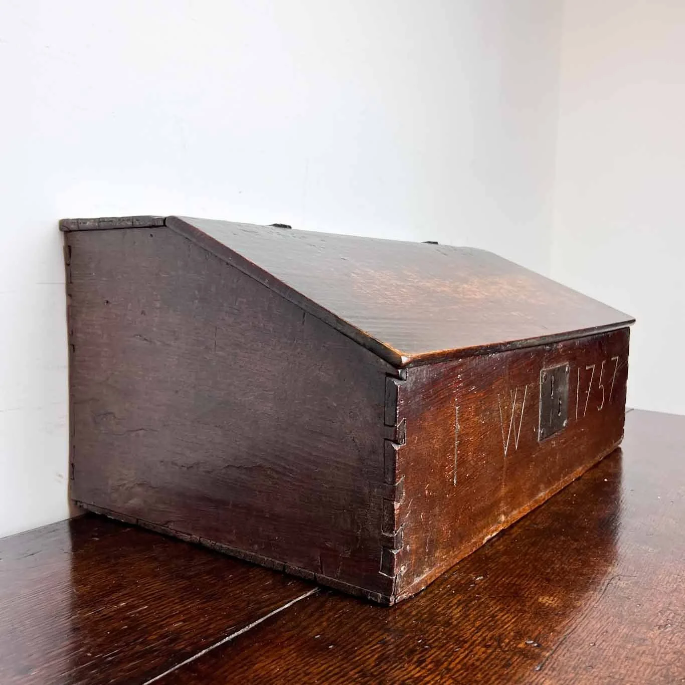 Large 18th century carved oak bible box or desk box with bog oak and ...
