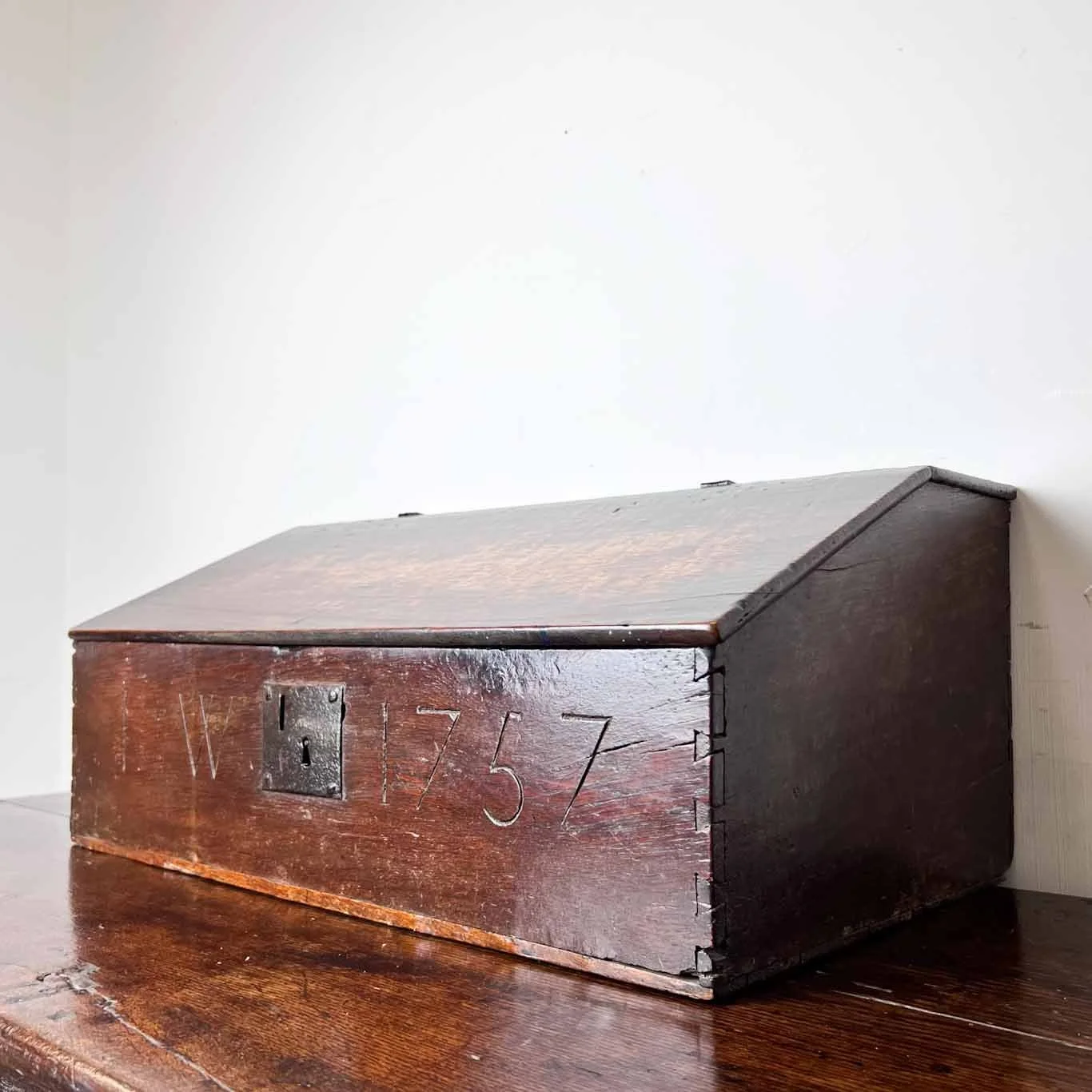 Large 18th century carved oak bible box or desk box with bog oak and ...