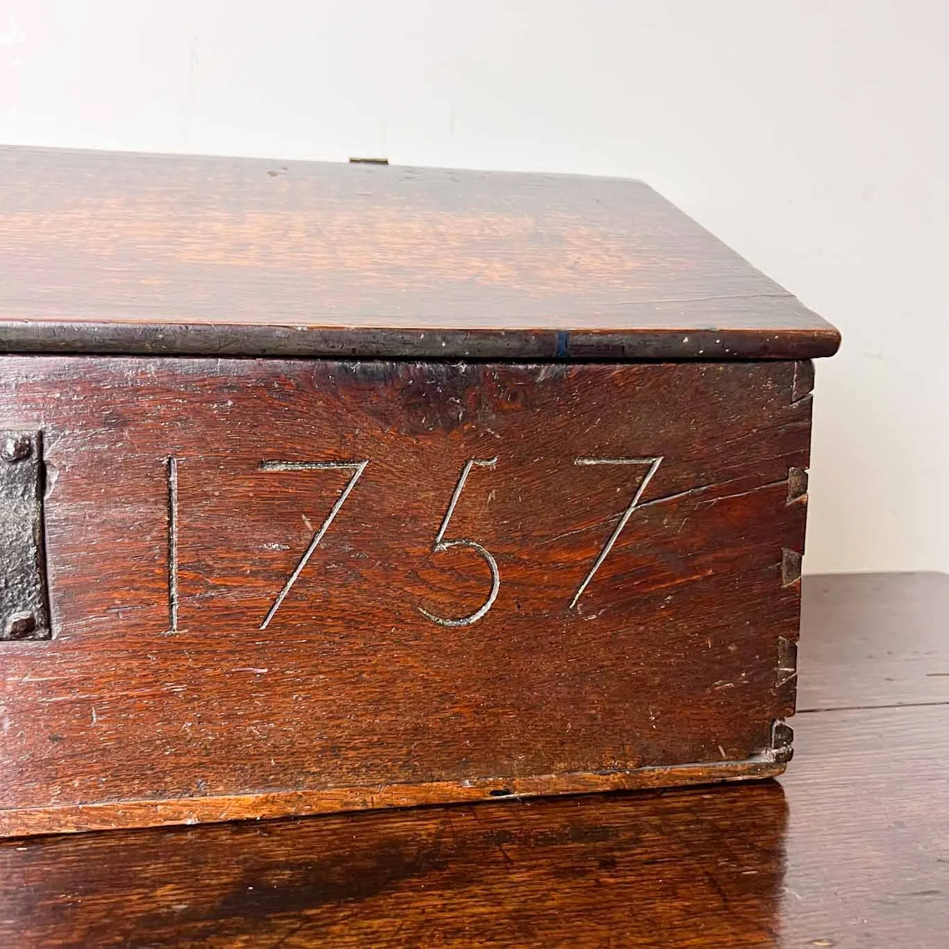Large 18th century carved oak bible box or desk box with bog oak and ...