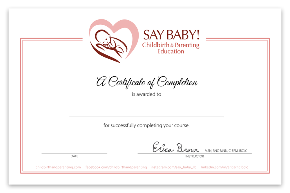 Childbirth class certificate — SAY BABY! Childbirth and Parenting Education
