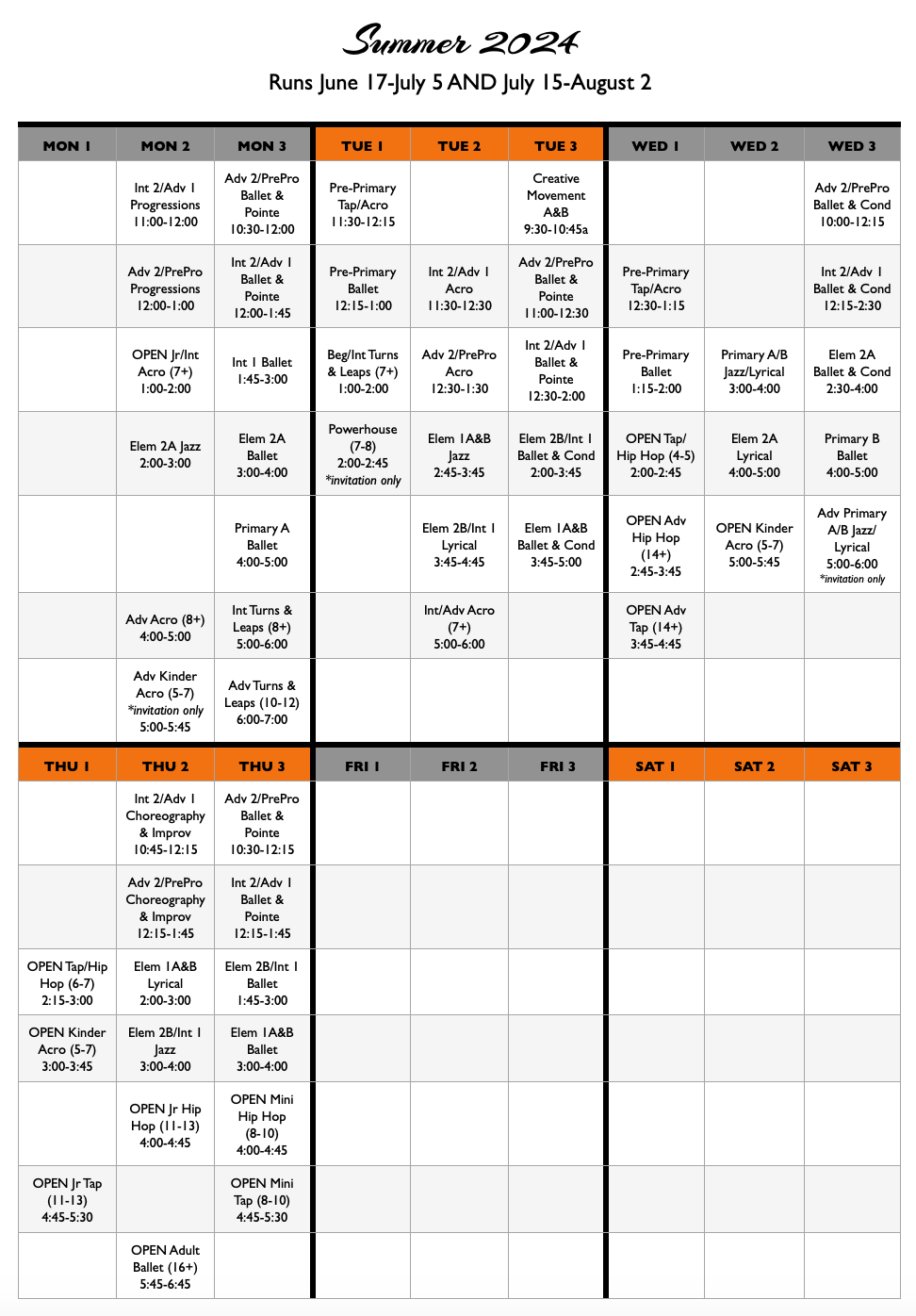 Class Schedule — North State Ballet