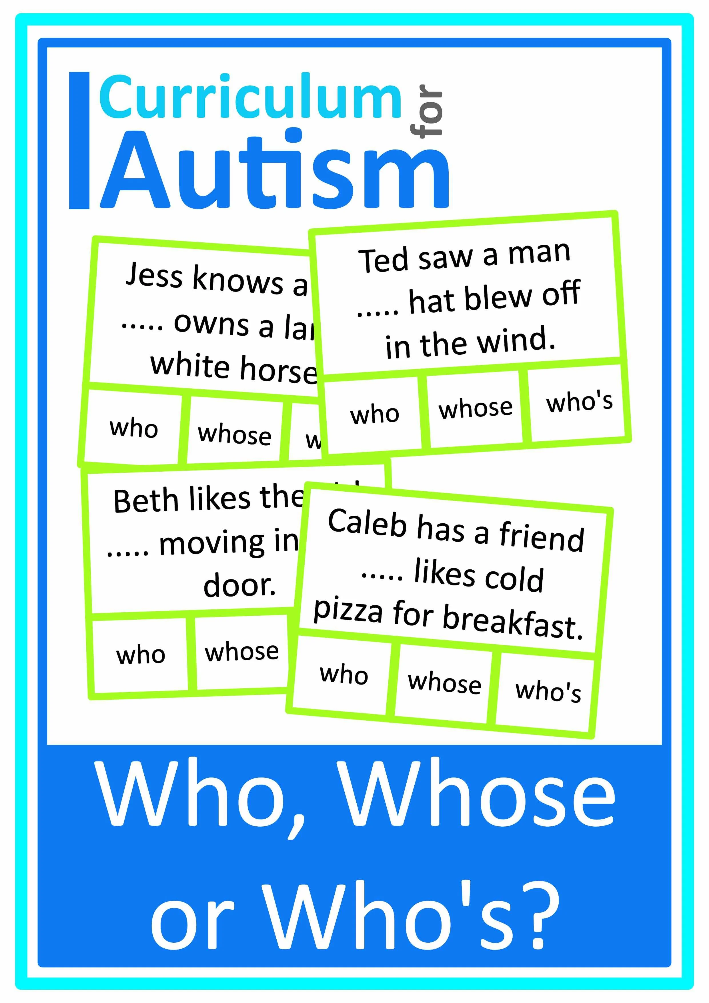 Who, Whose or Who's Sentence Comprehension Cards Autism Special ...