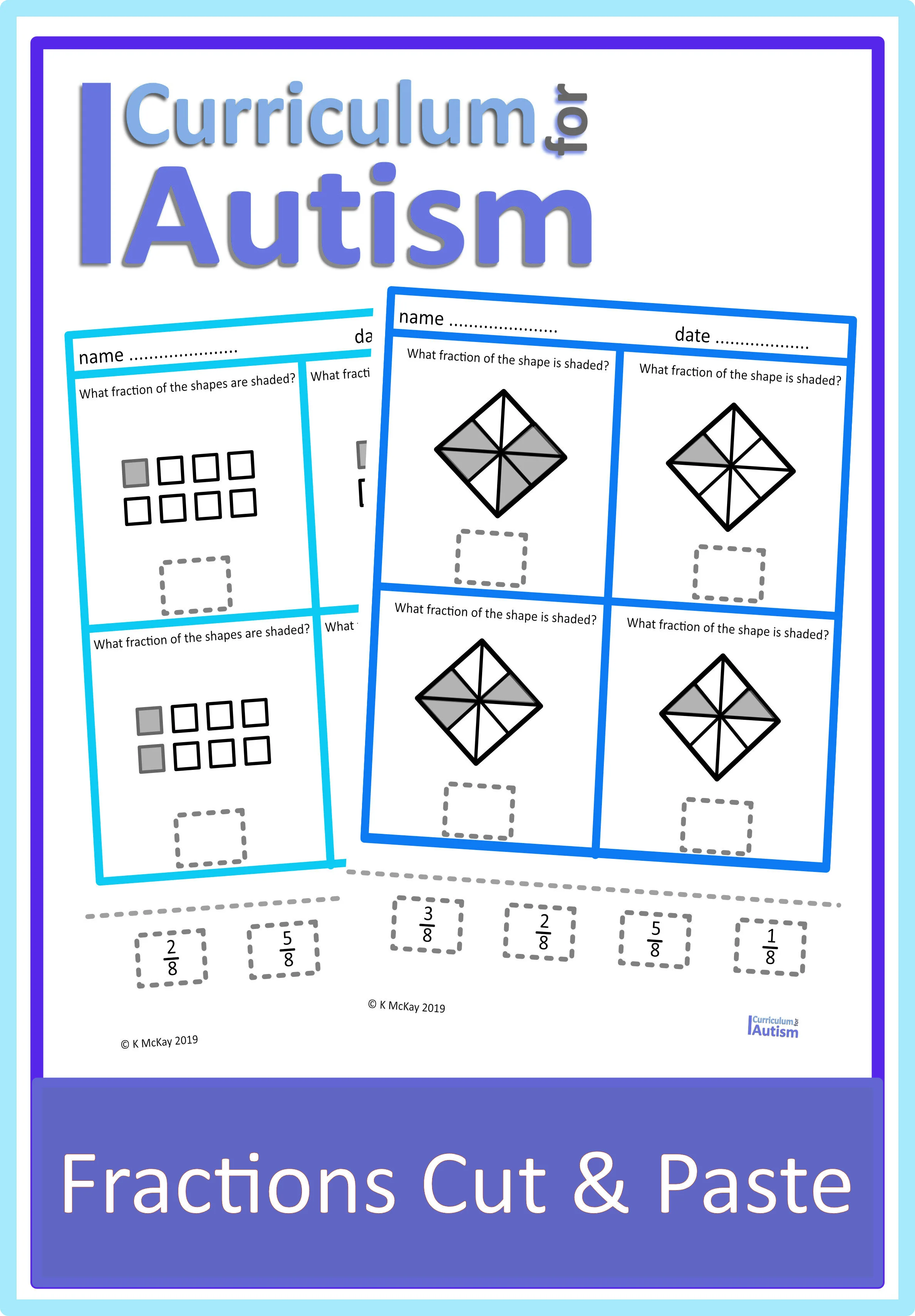 Fractions of Shapes Cut Paste Worksheets Autism Special Education ...