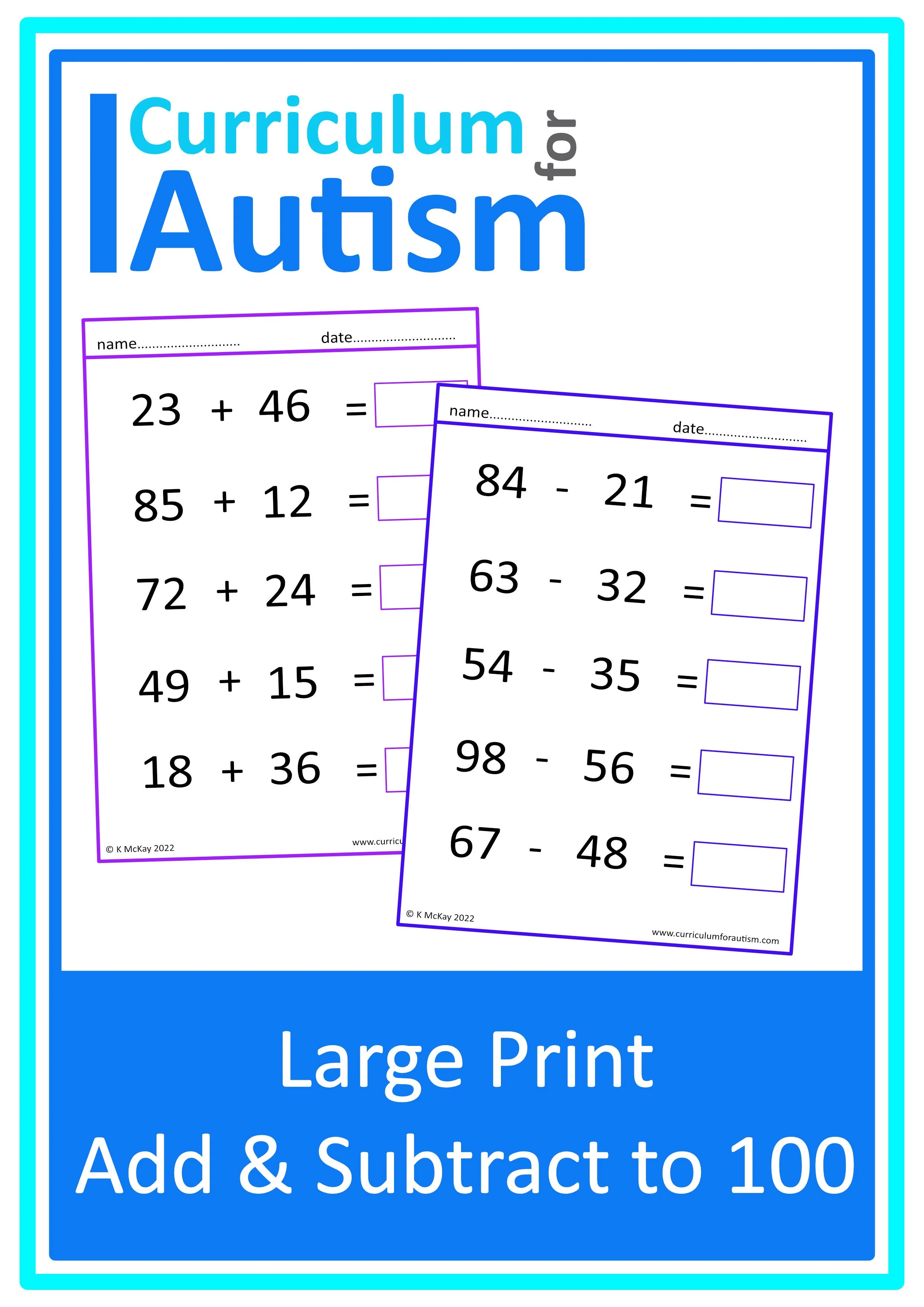 Large Print Addition 1-10 Worksheets & Cards Autism Special Education ...