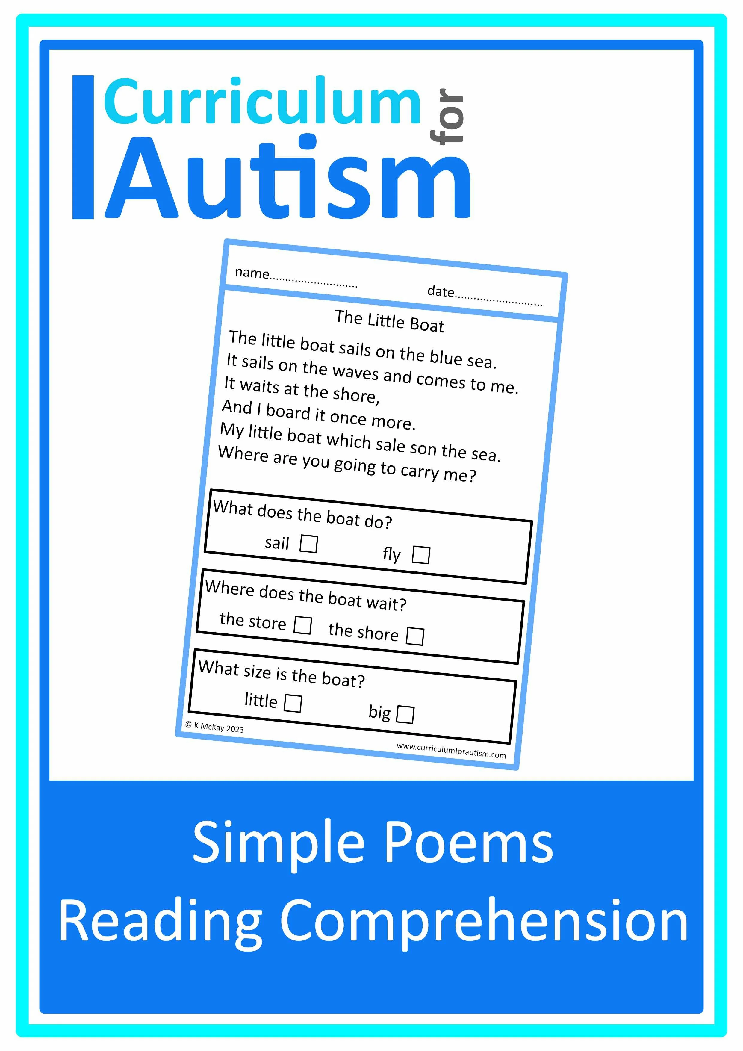 Simple Poems Reading Comprehension Worksheets Autism Special Education ...