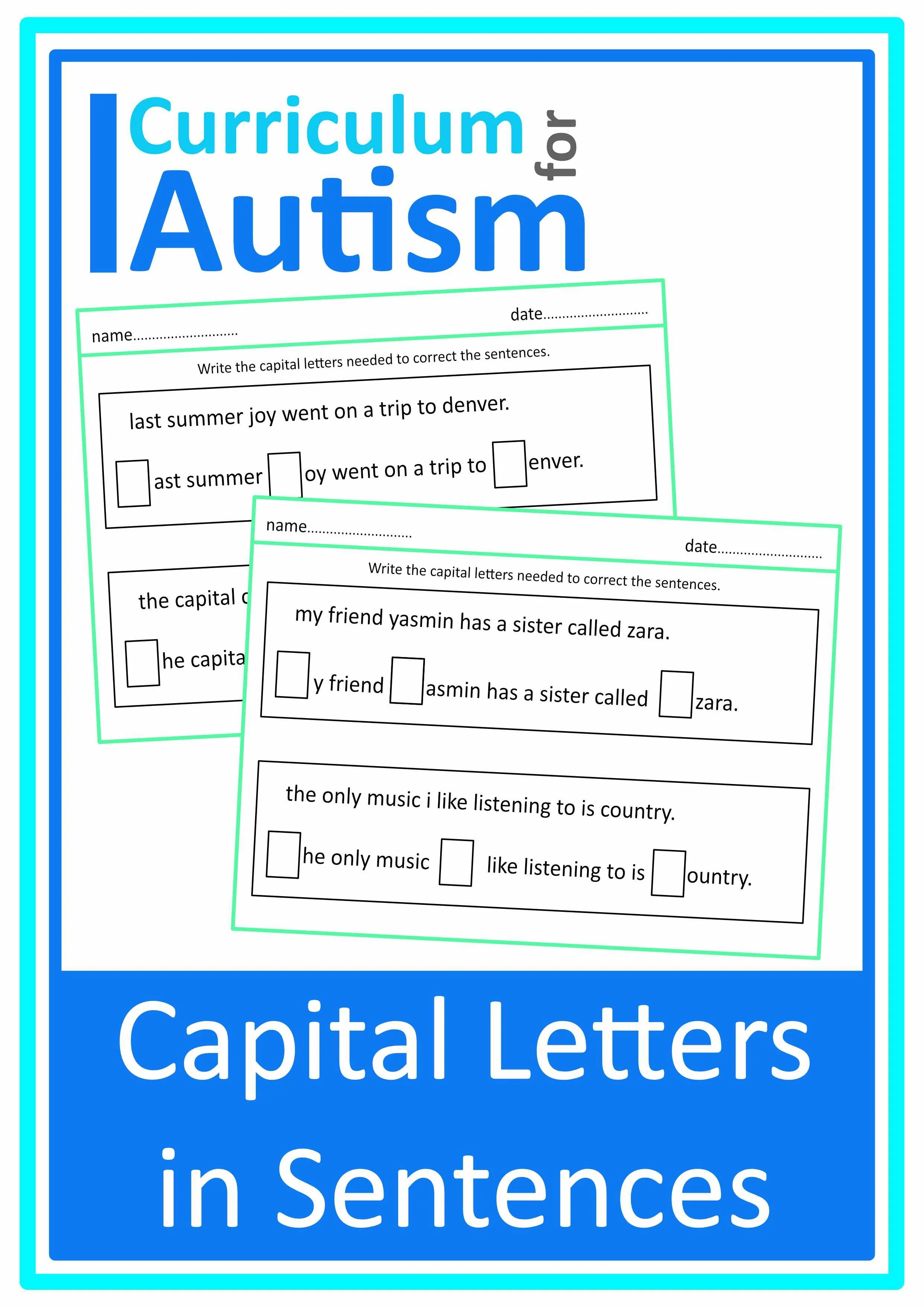 Using Capital Letters in Sentences Worksheets Autism Special Education ...