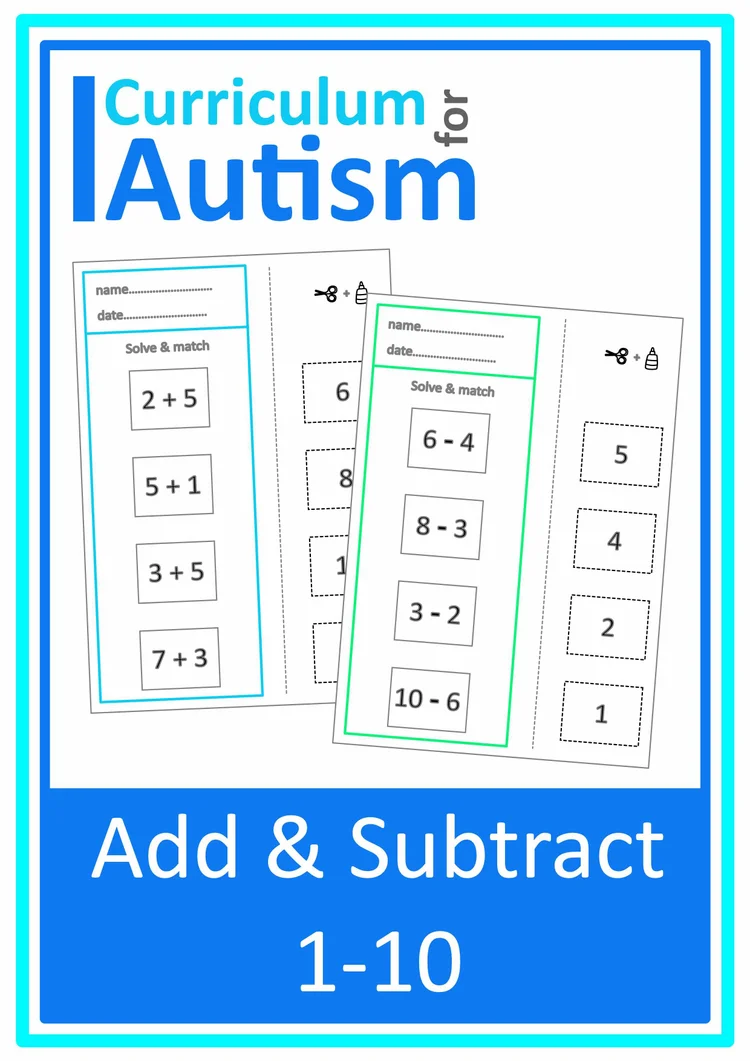 Addition & Subtraction to 10 Large Print Cut & Paste Worksheets Autism ...
