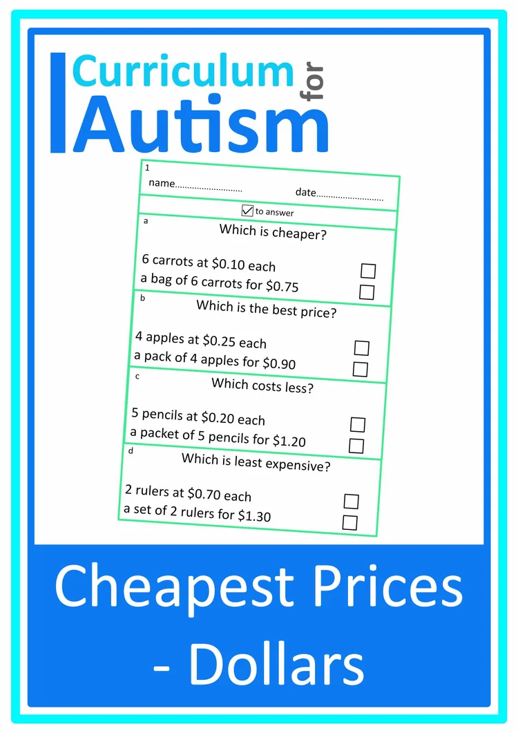 Autism Money Skills Worksheets Calculating Annual Cost in DOLLARS ...