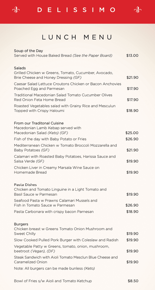 Dine in Menu — DELISSIMO DELI