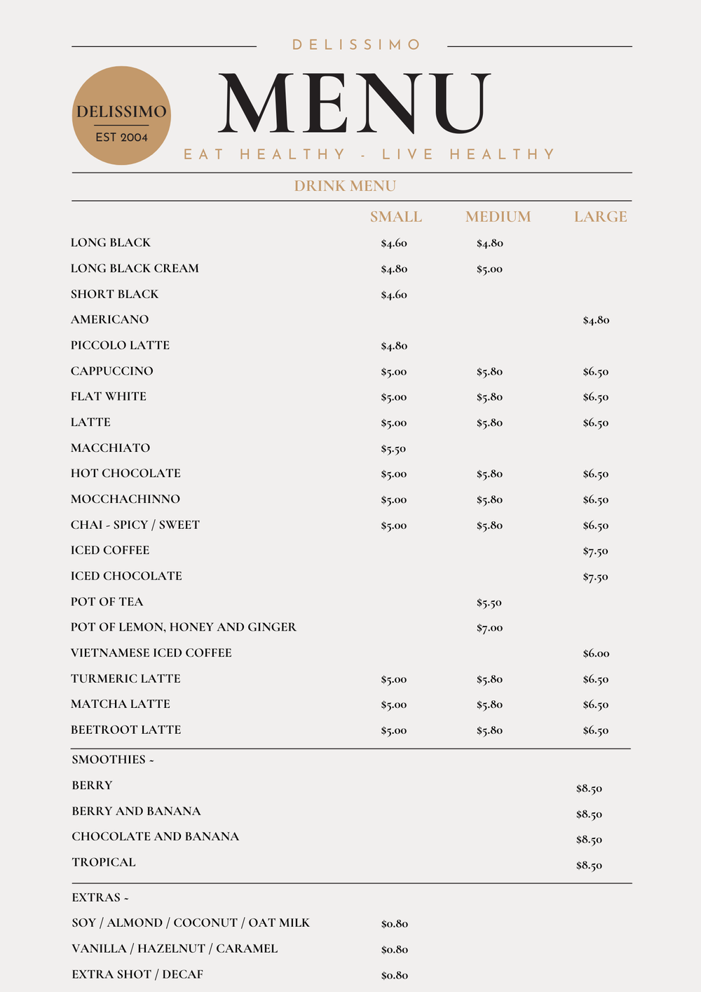 Dine in Menu — DELISSIMO DELI