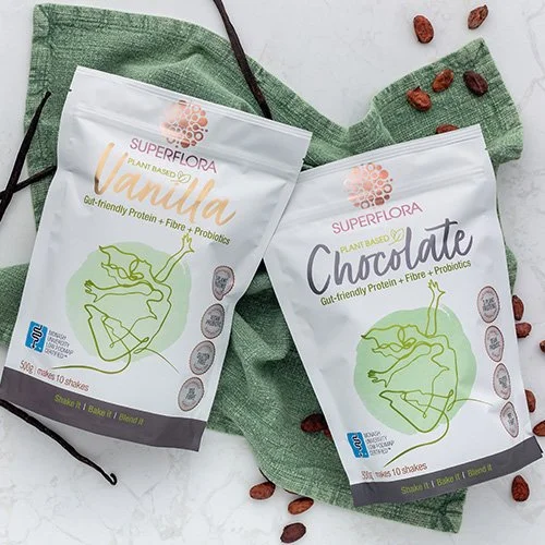 Superflora chocolate and vanilla gut health shakes — Noisy Guts
