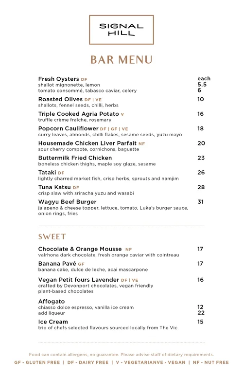 Dine-in menu — Signal Hill - Devonport Bar & Restaurant