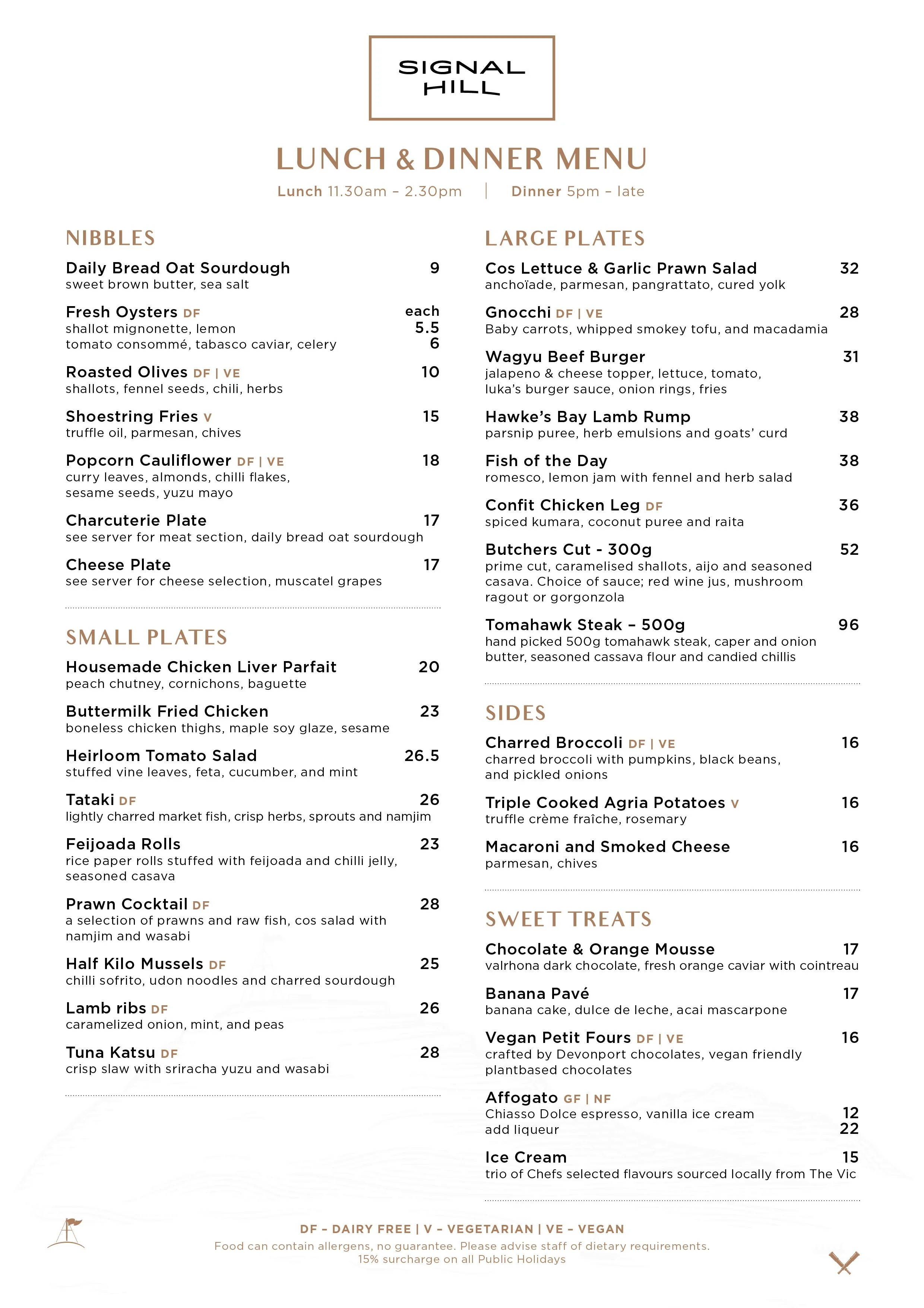 Dine-in menu — Signal Hill - Devonport Bar & Restaurant