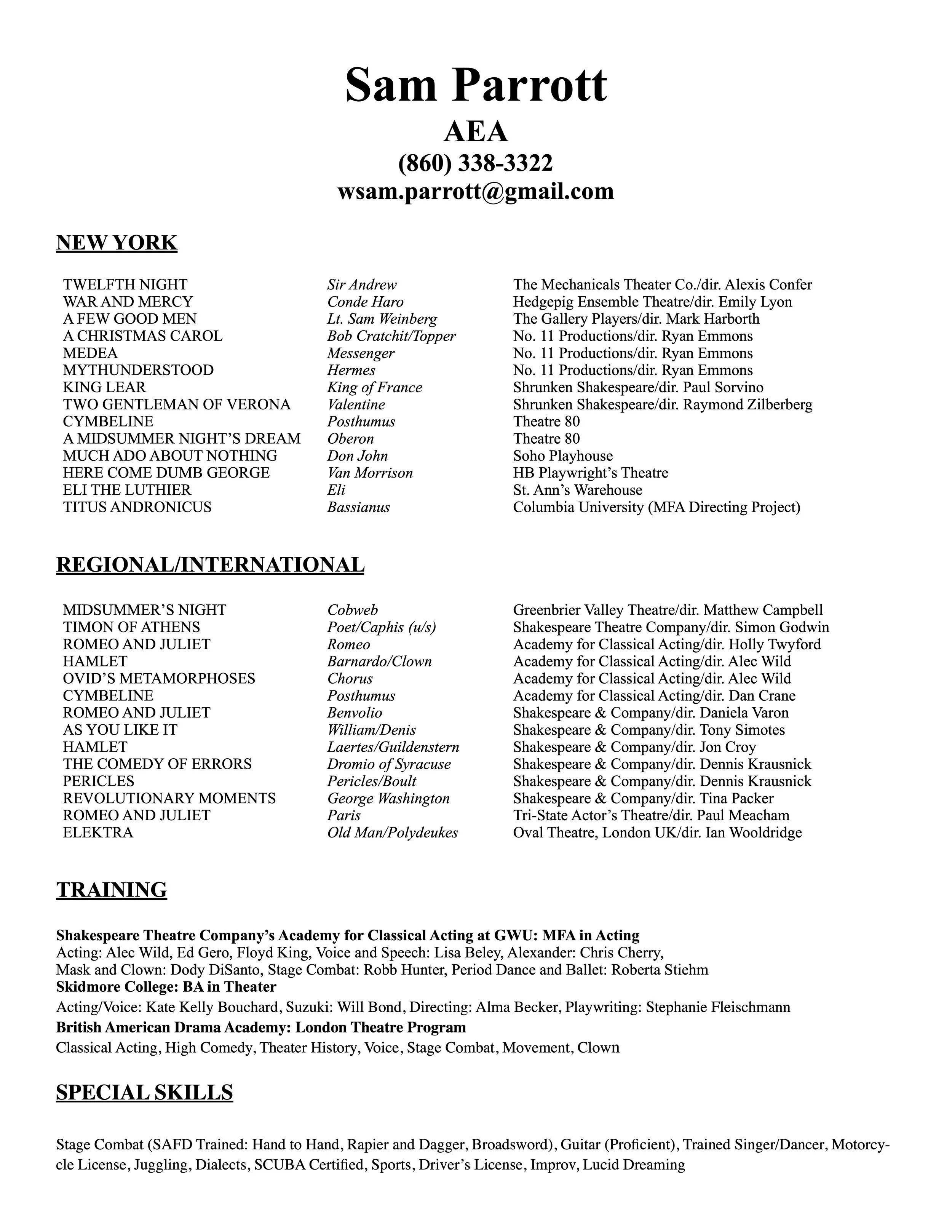 Resume — Sam Parrott — Actor