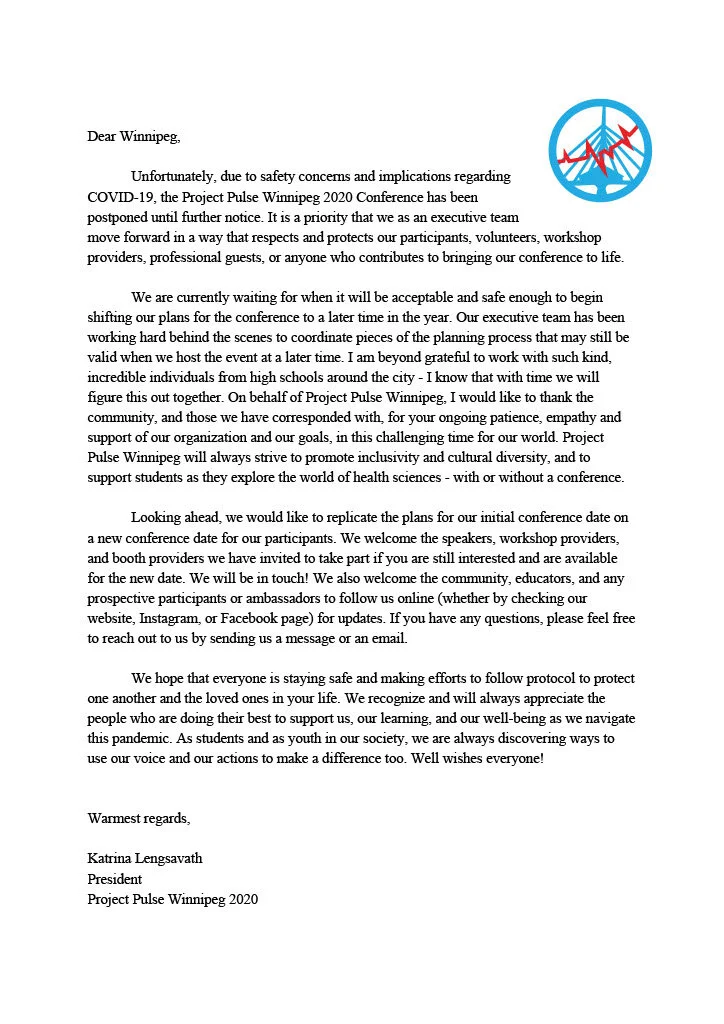 Letter From the President: Covid-19 — Project Pulse Winnipeg