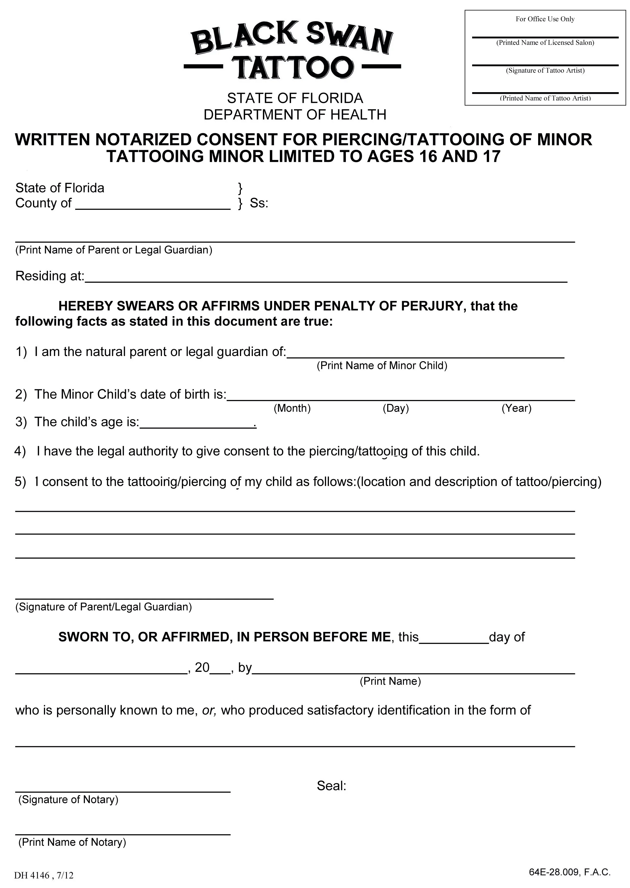 Minor Consent Form Black Swan Tattoo Minor Consent Form Black Swan Tattoo