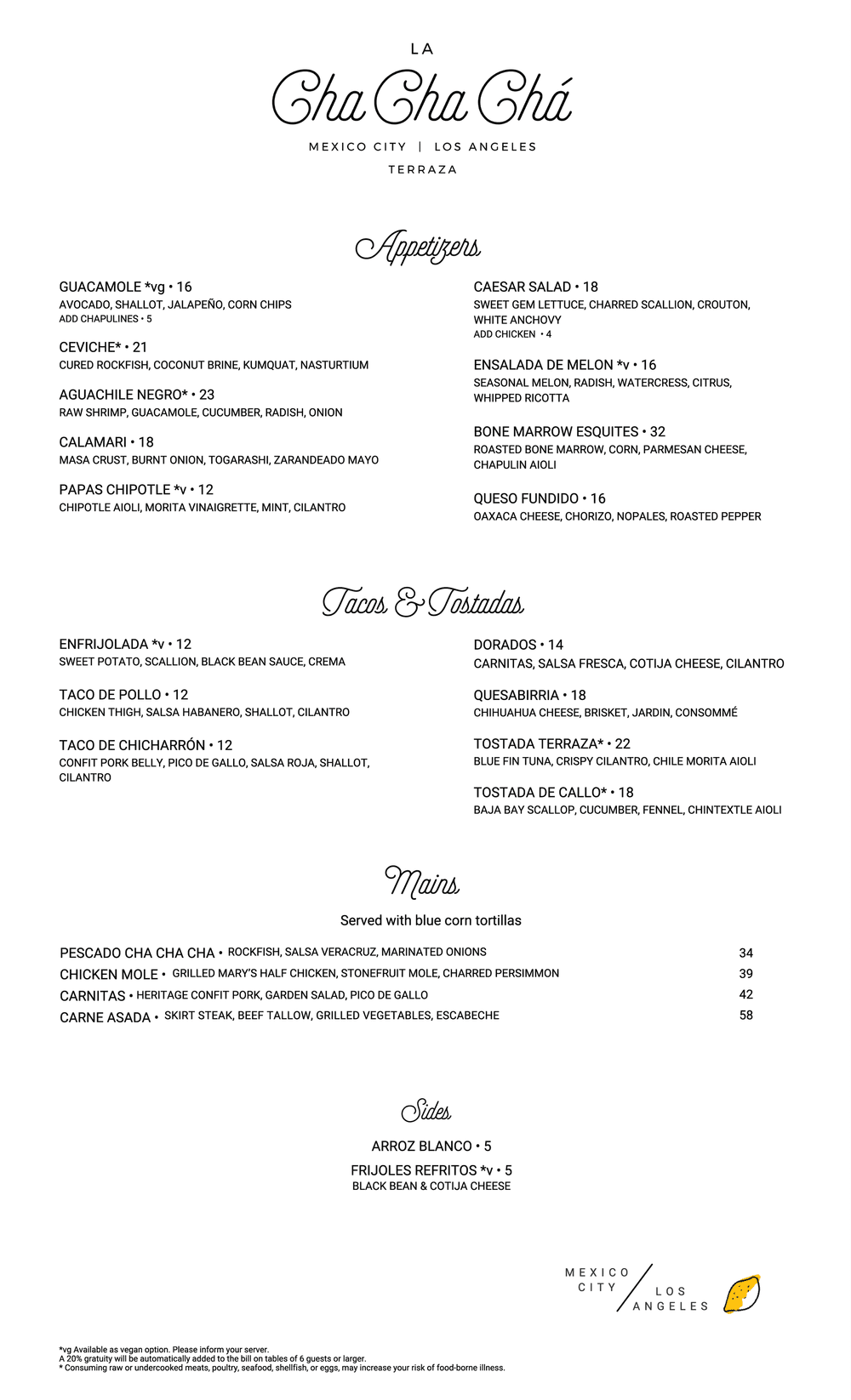 Menu — LA Cha Cha Chá