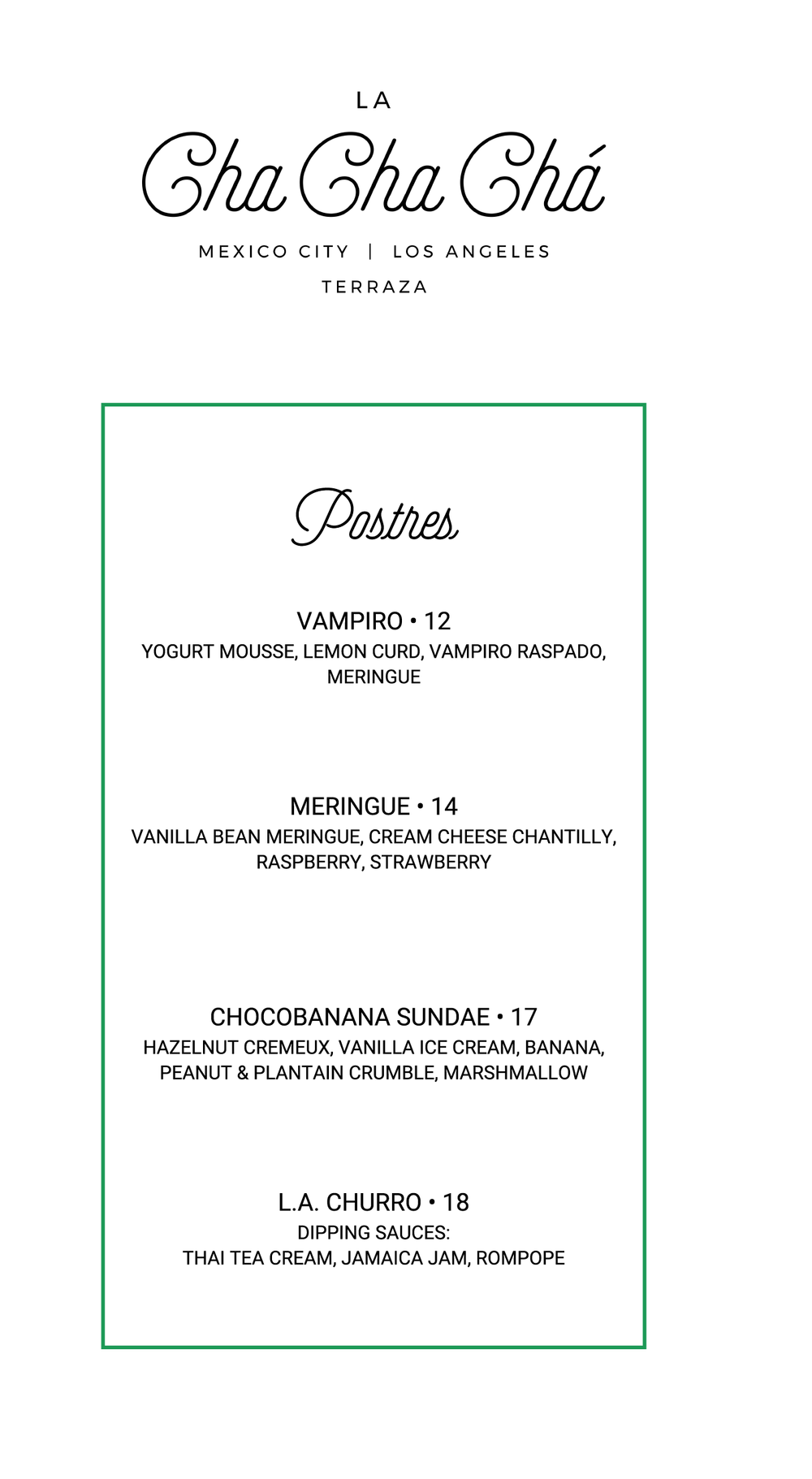 Menu — LA Cha Cha Chá