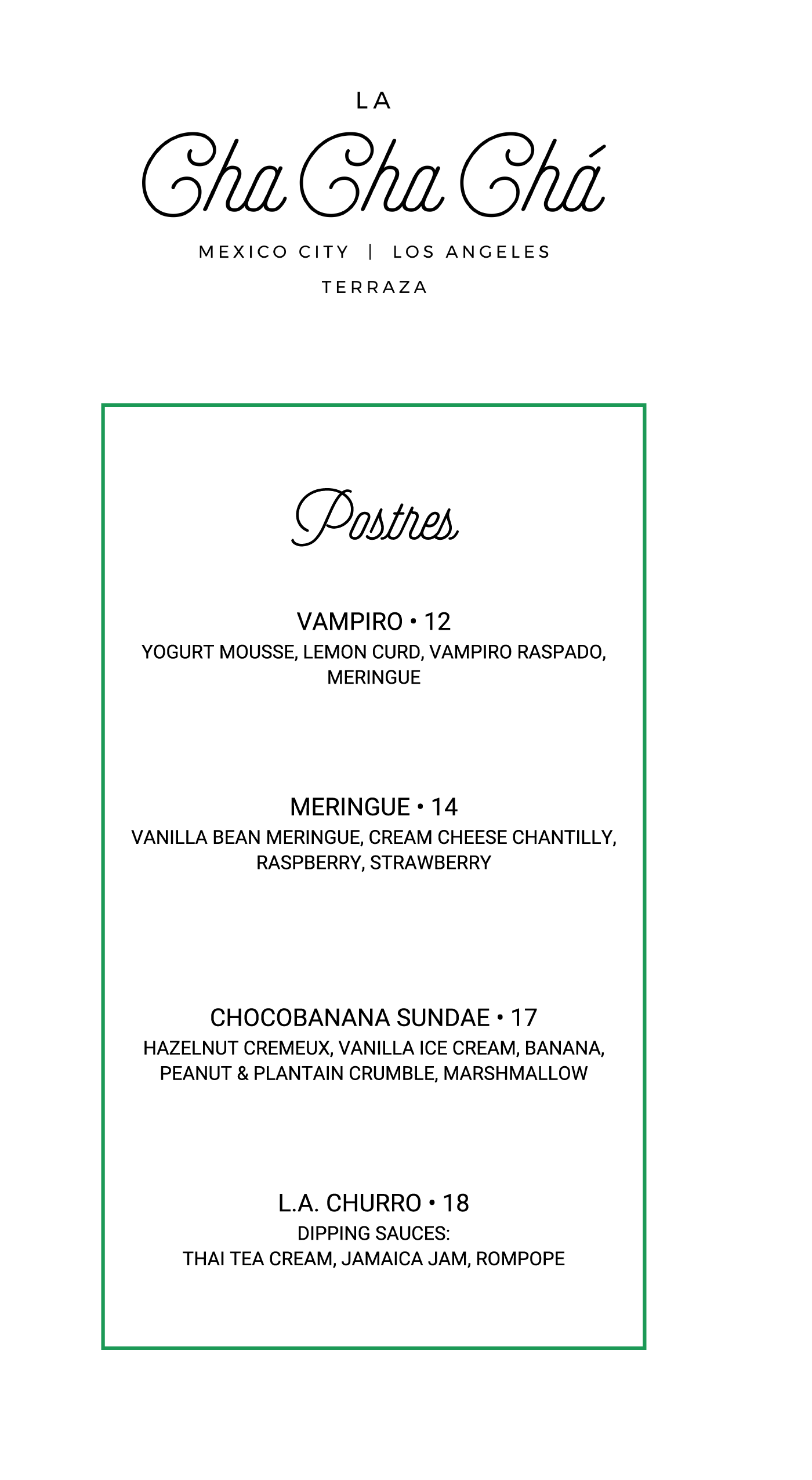 Menu — LA Cha Cha Chá