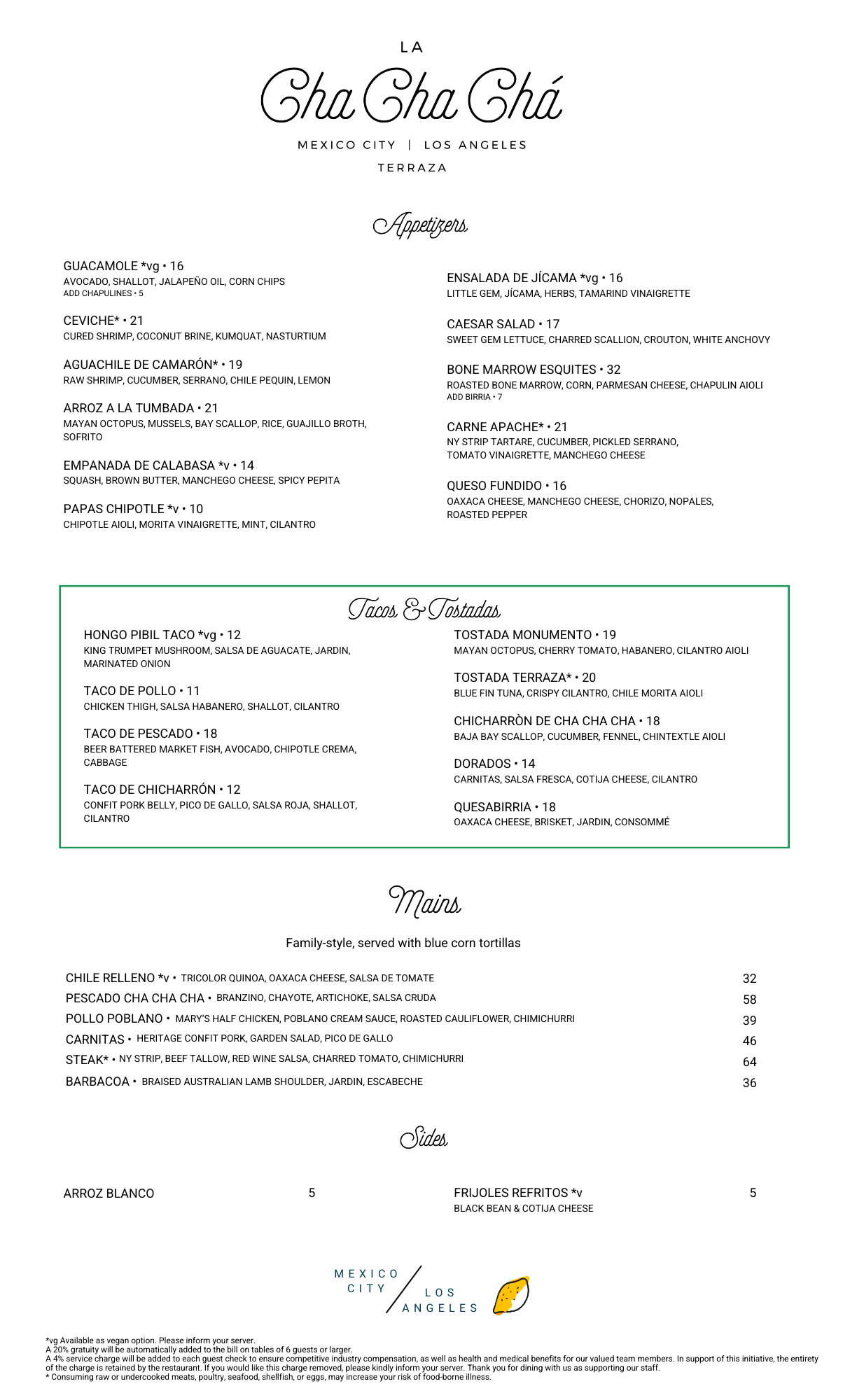 Menu — LA Cha Cha Chá
