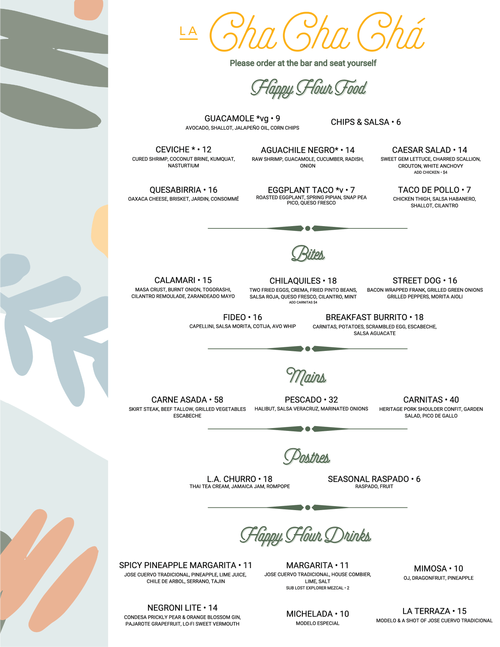 Menu — LA Cha Cha Chá