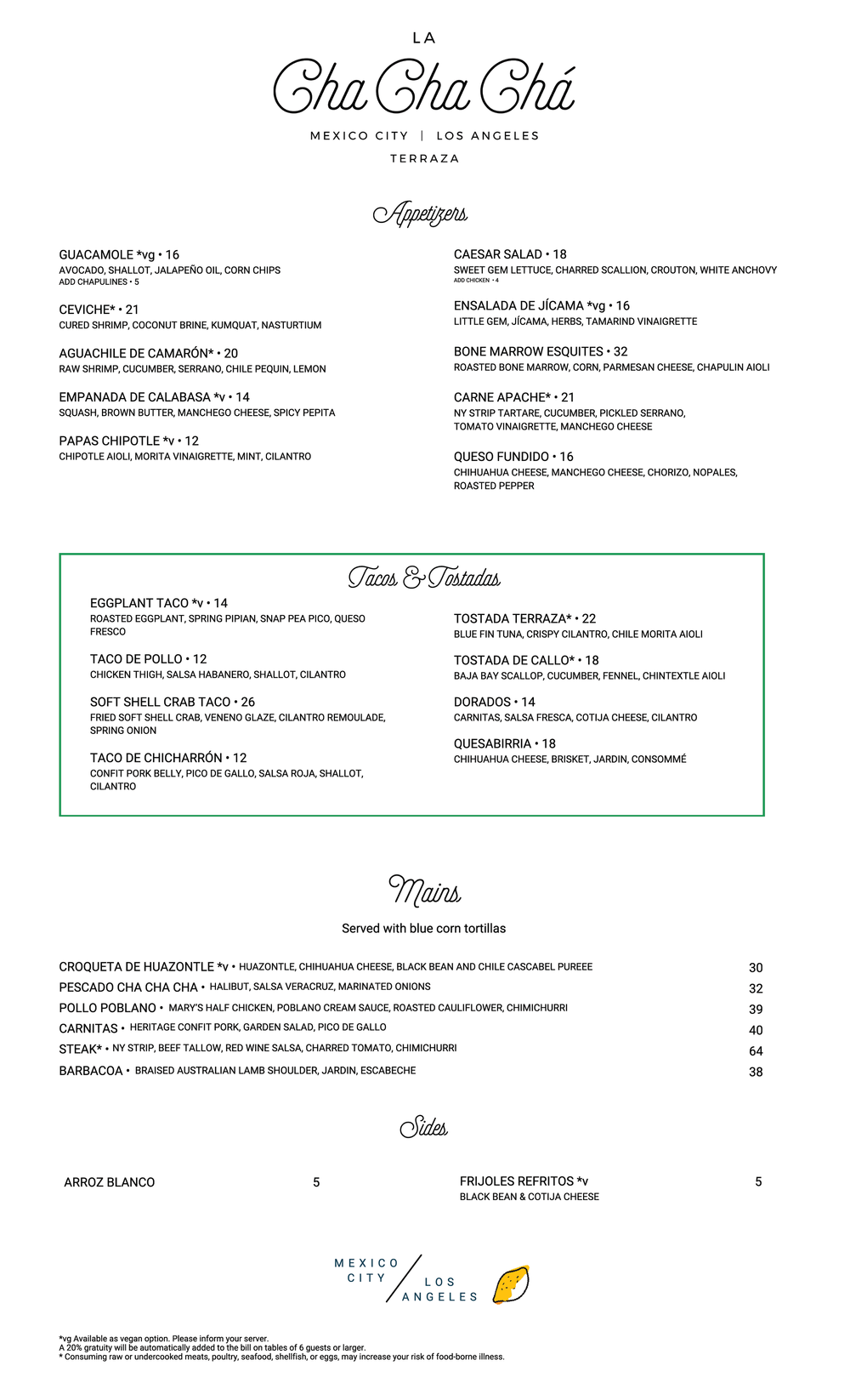 Menu — LA Cha Cha Chá