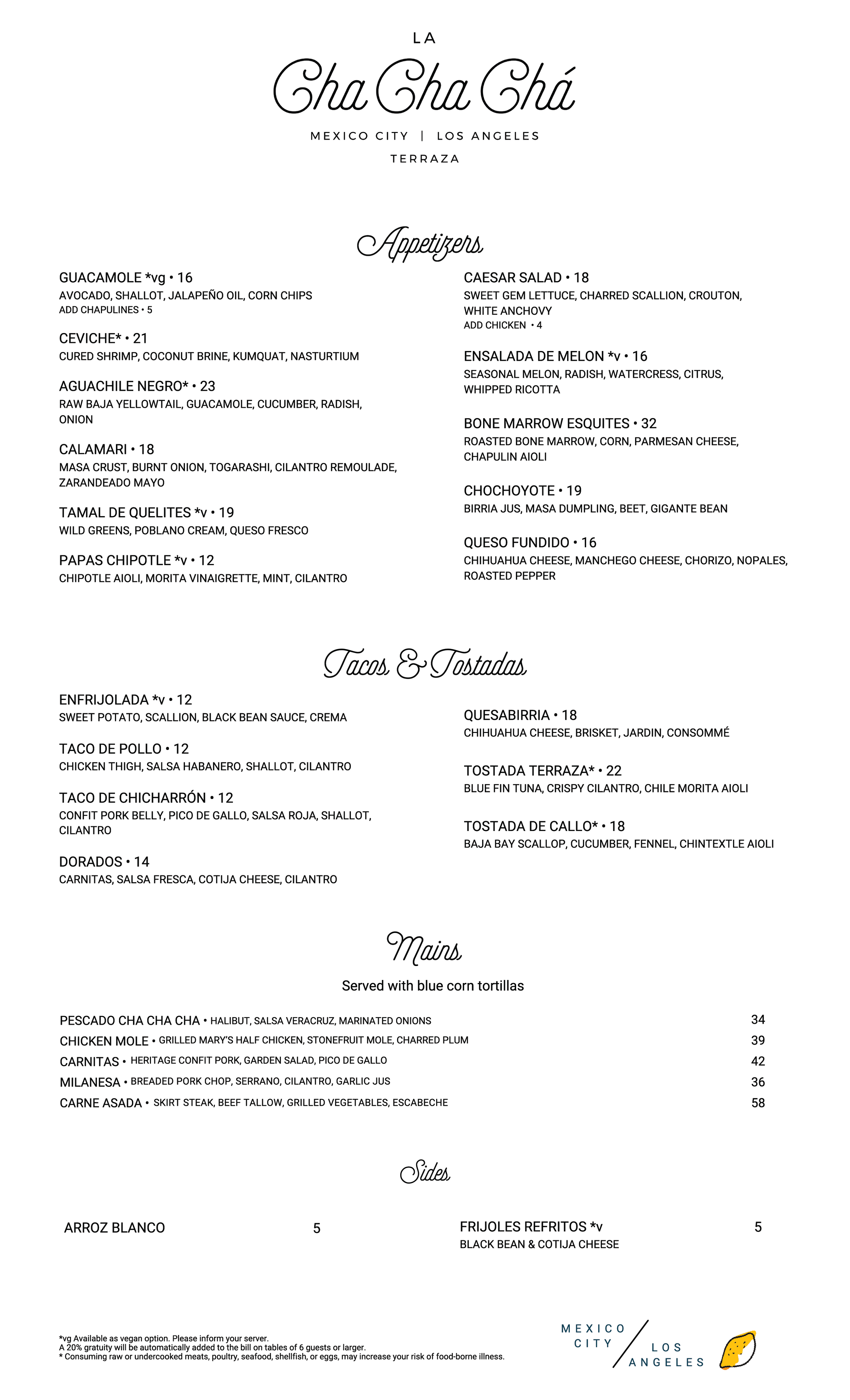Menu — LA Cha Cha Chá