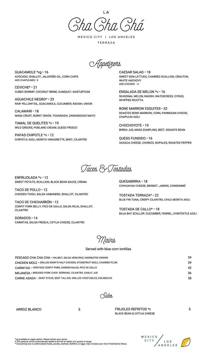 Menu — LA Cha Cha Chá