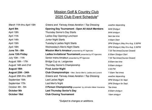 2025 EVENT SCHEDULE — Mission Golf & Country Club