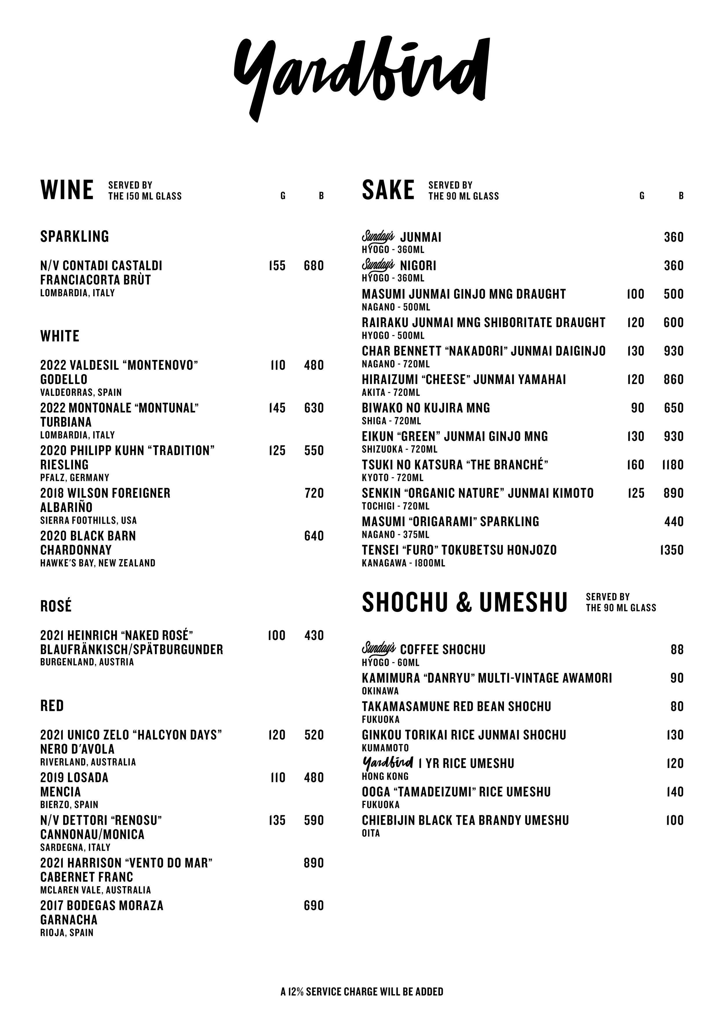 MENU — Yardbird