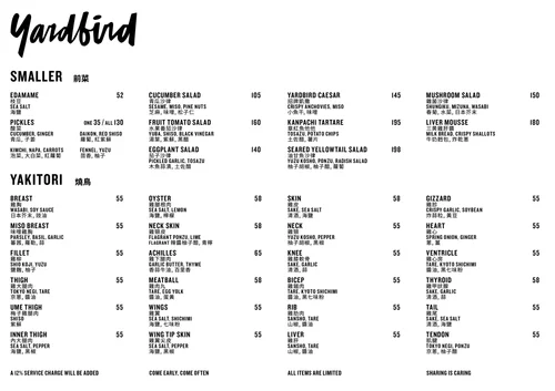 MENU — Yardbird