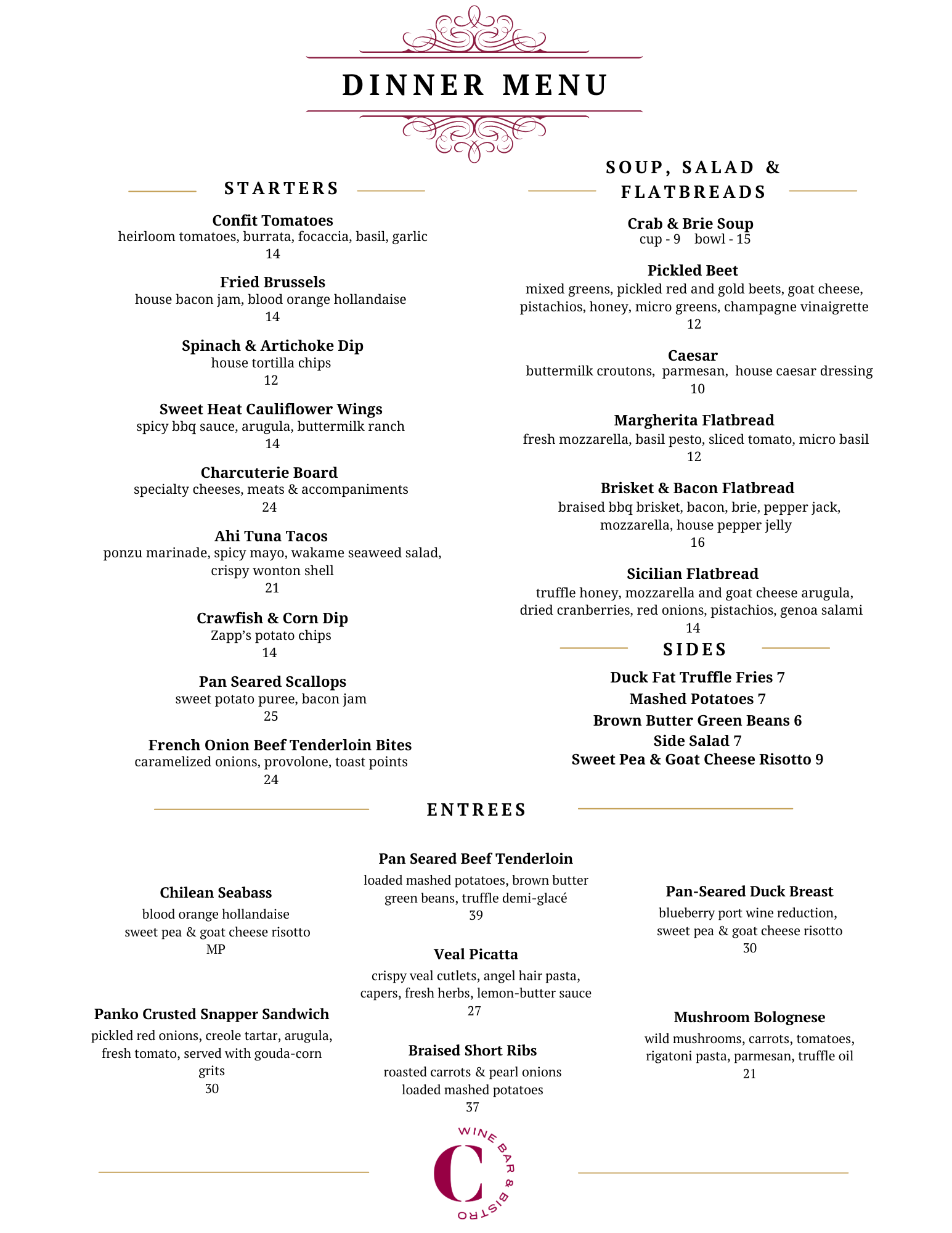 Dinner Menu — Cuvée Wine Bar & Bistro