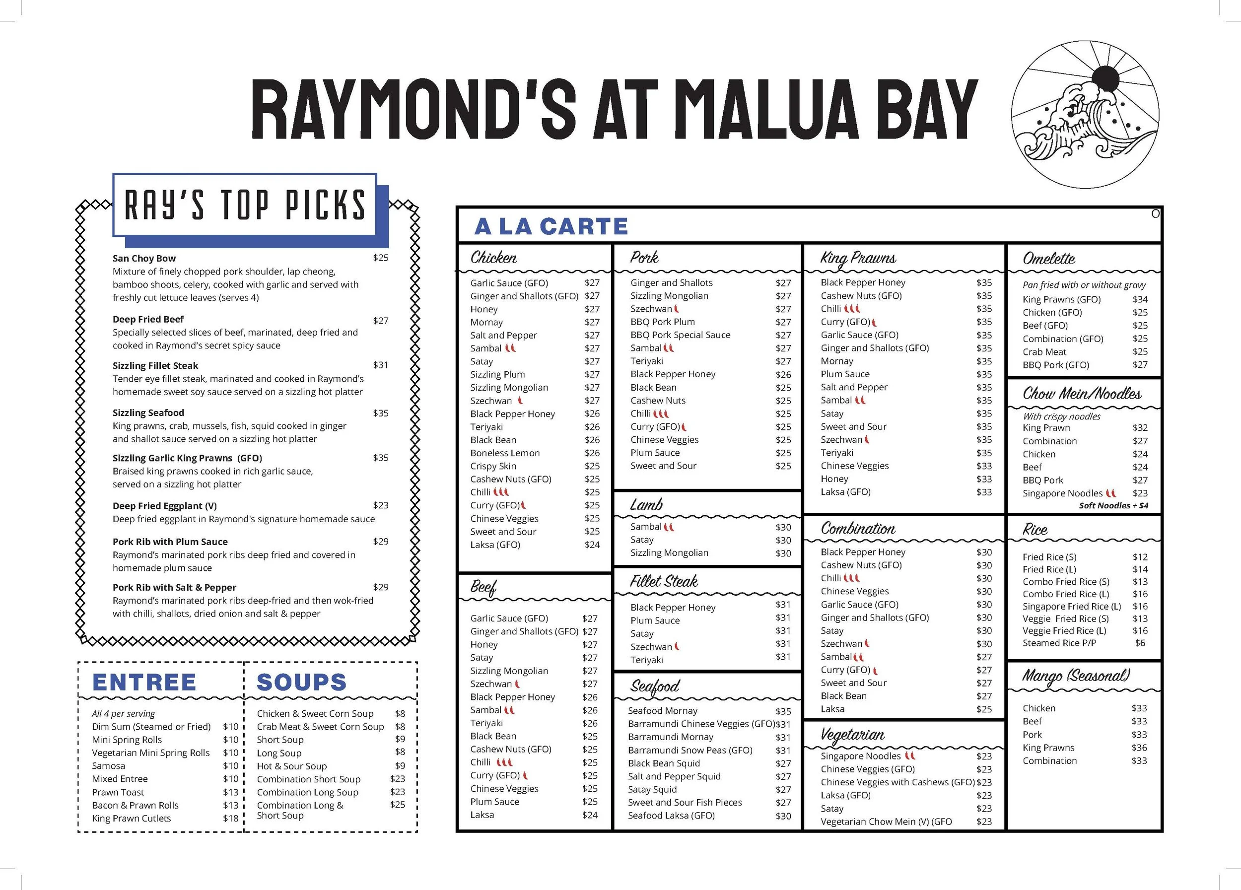 Menu — Raymond's at Malua Bay