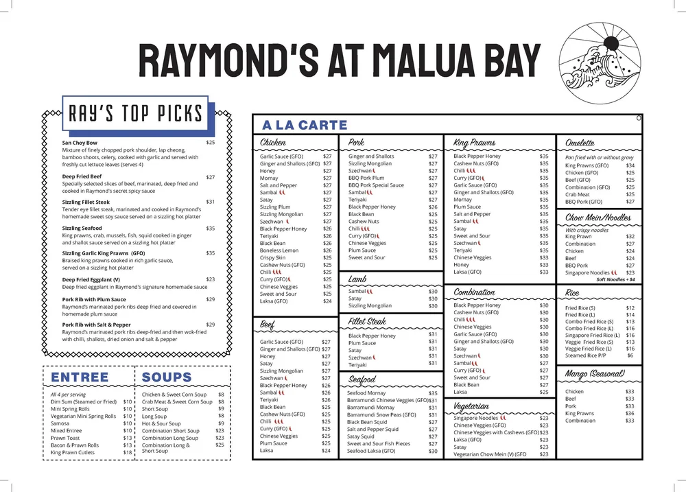 Menu — Raymond's at Malua Bay