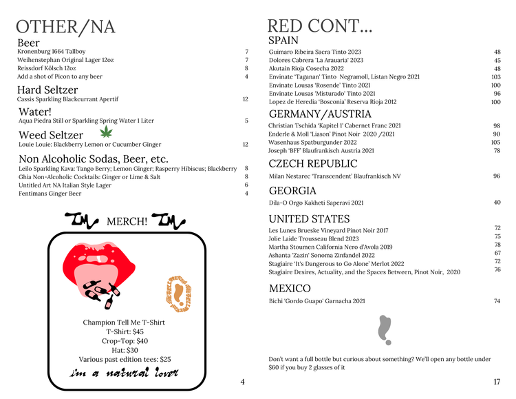 MENUS — THE TELL ME BAR