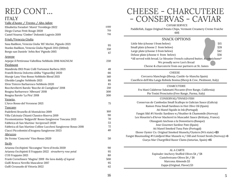 MENUS — THE TELL ME BAR