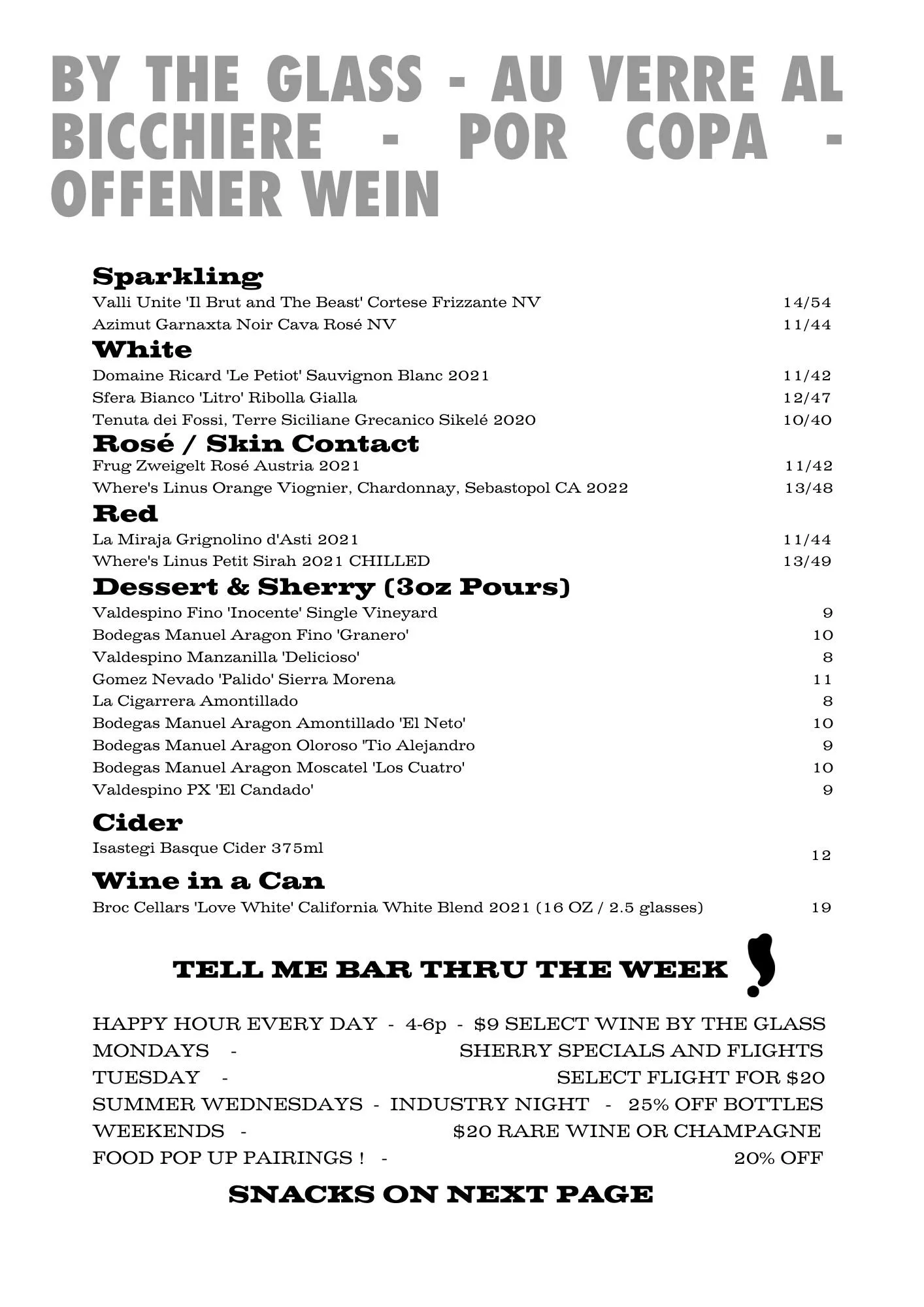 MENUS — THE TELL ME BAR