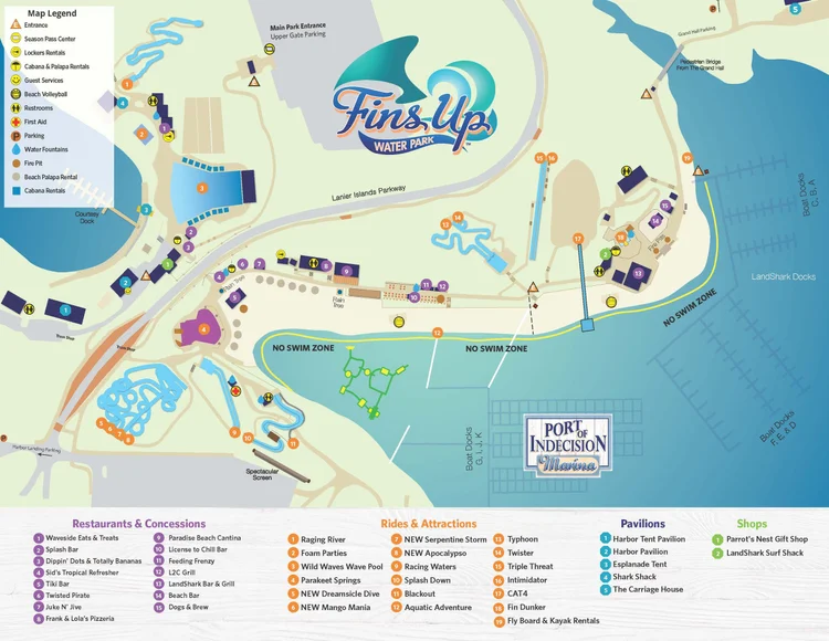 Fins Up Water Park Map — Hours of Operation