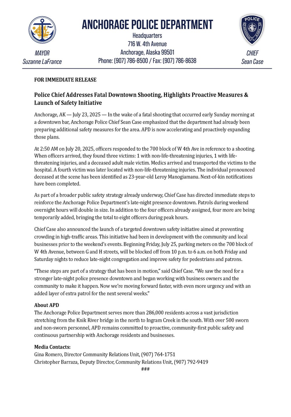 PRESS RELEASE: CHIEF ADDRESS FATAL DOWNTOWN SHOOTING — Anchorage Police ...