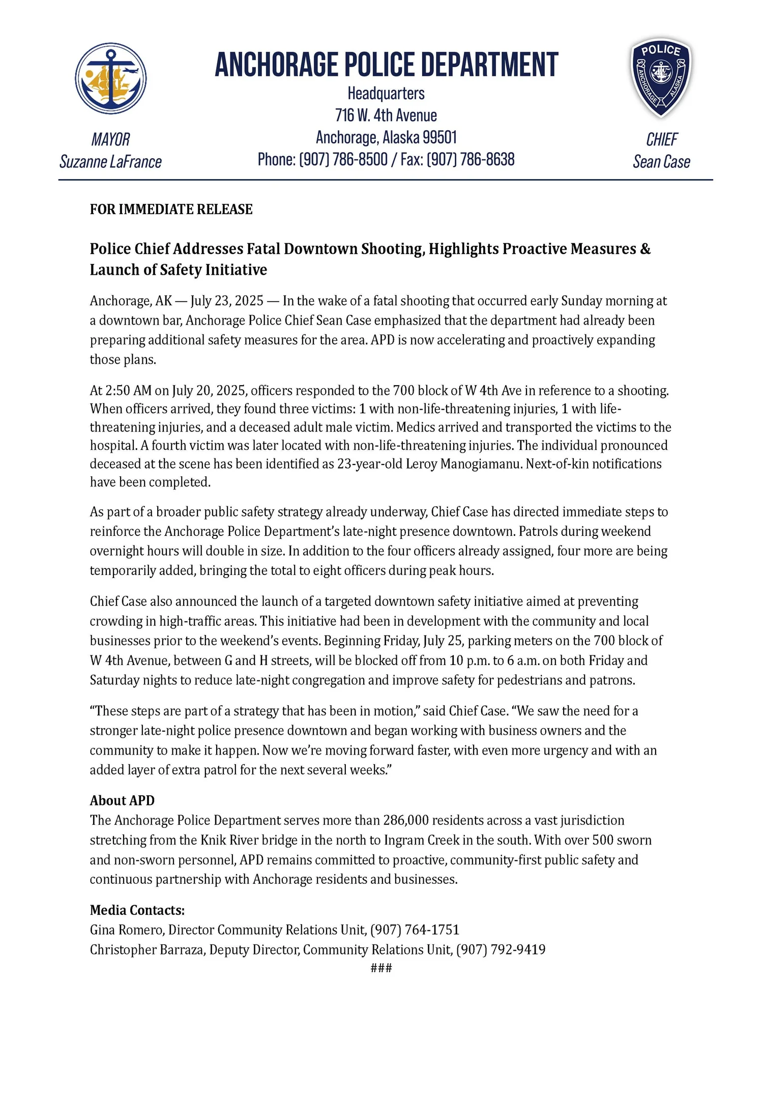 PRESS RELEASE: CHIEF ADDRESS FATAL DOWNTOWN SHOOTING — Anchorage Police ...