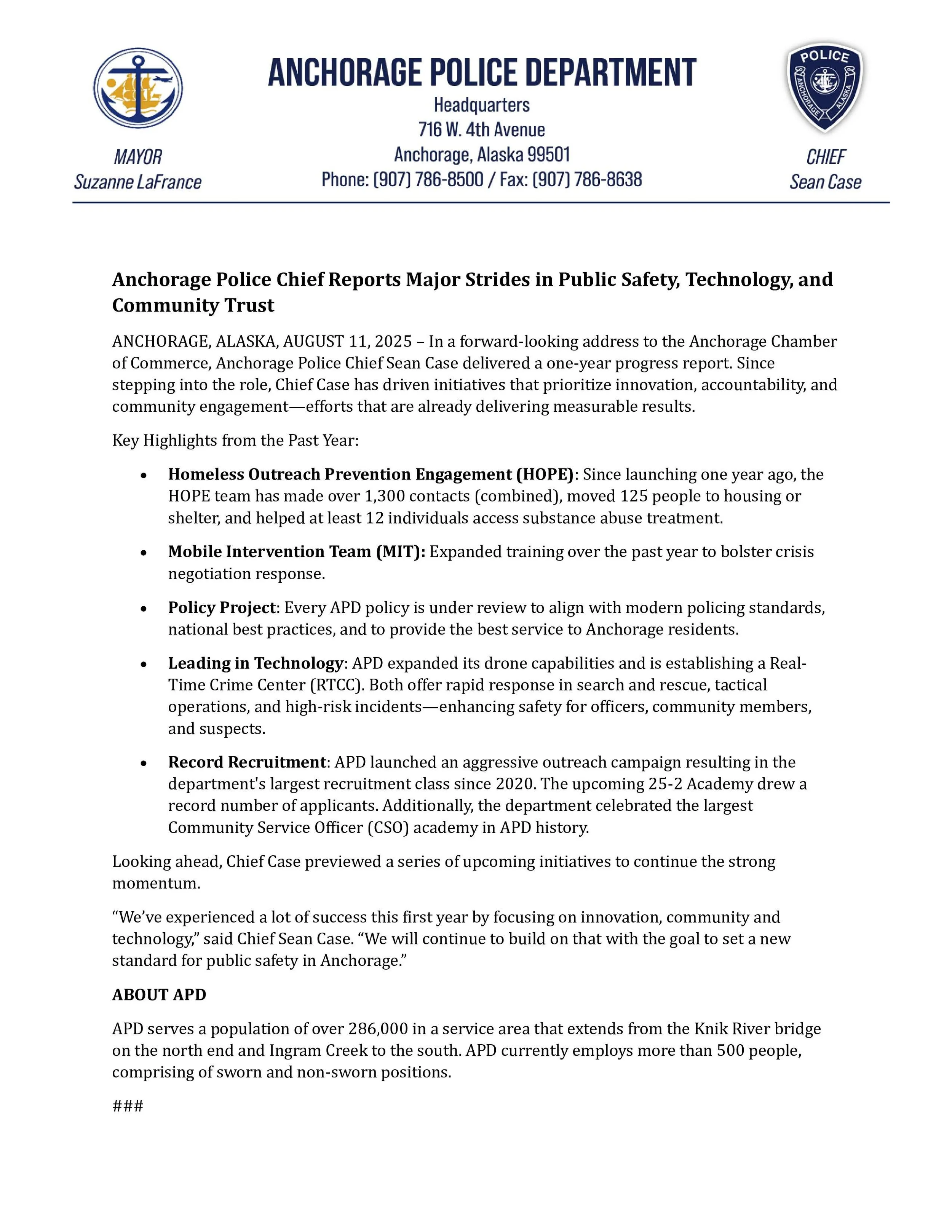 PRESS RELEASE: CHIEF CASE DELIVERS ONE-YEAR PROGRESS REPORT — Anchorage ...
