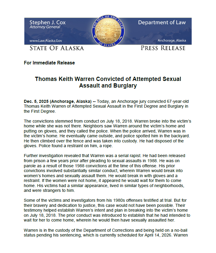 STATE OF ALASKA PRESS RELEASE - CONVICTION FOR ATTEMPTED SEXUAL ASSAULT ...