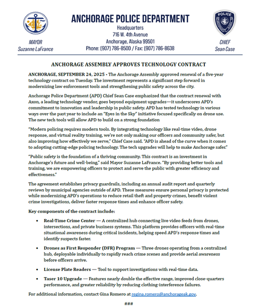PRESS RELEASE: ANCHORAGE ASSEMBLY APPROVES TECHNOLOGY CONTRACT ...